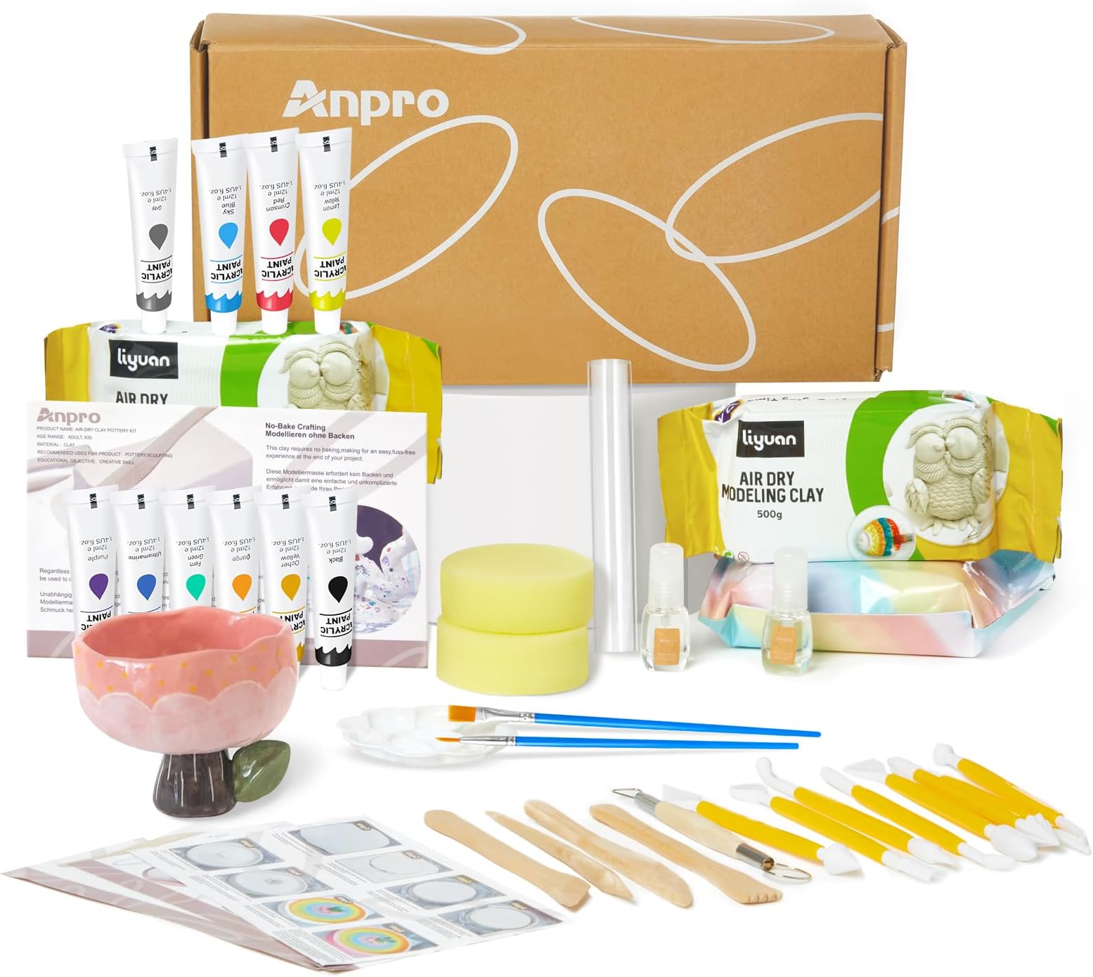 Anpro Home Air Dry Clay Pottery Kit for Beginners, Air Drying Clay Kit ...