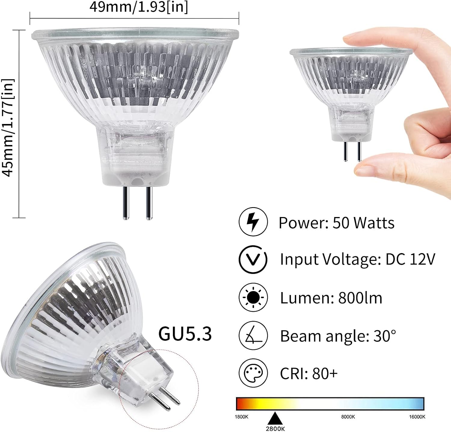 Luxvista 10-Pack MR16 Halogen Bulbs 50W, 12V Dimmable GU5.3 Spotlight ...