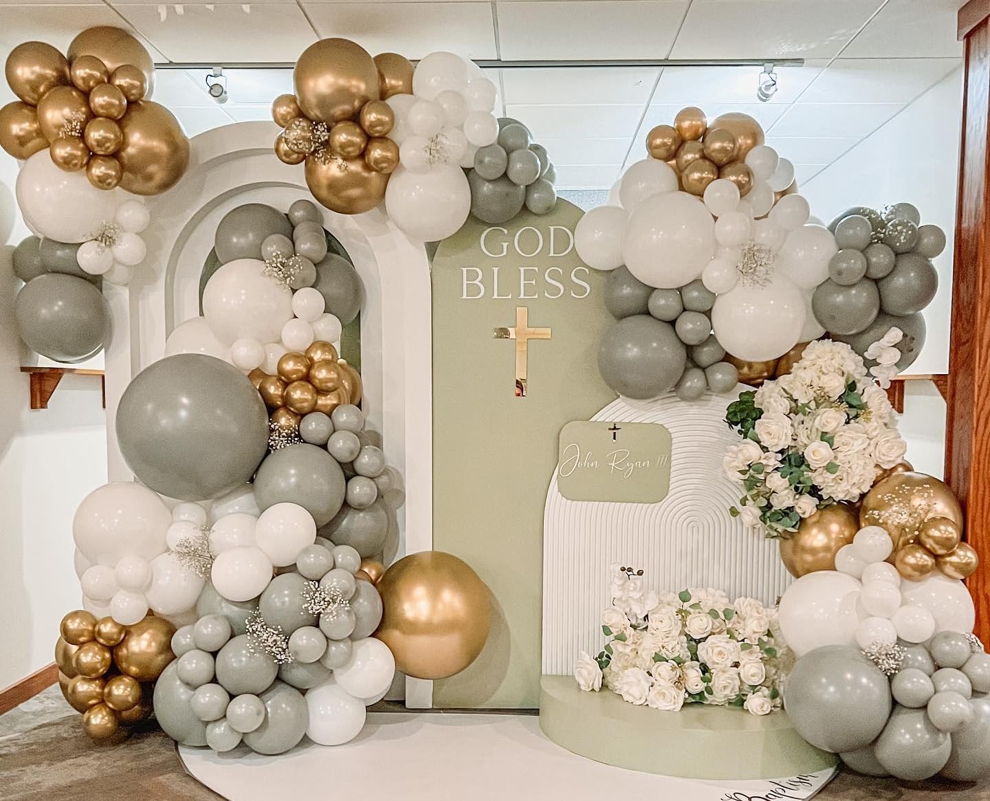Amazon.com: Retro Gray Gold Baptism Balloon Garland, 143pcs Fog Gray ...