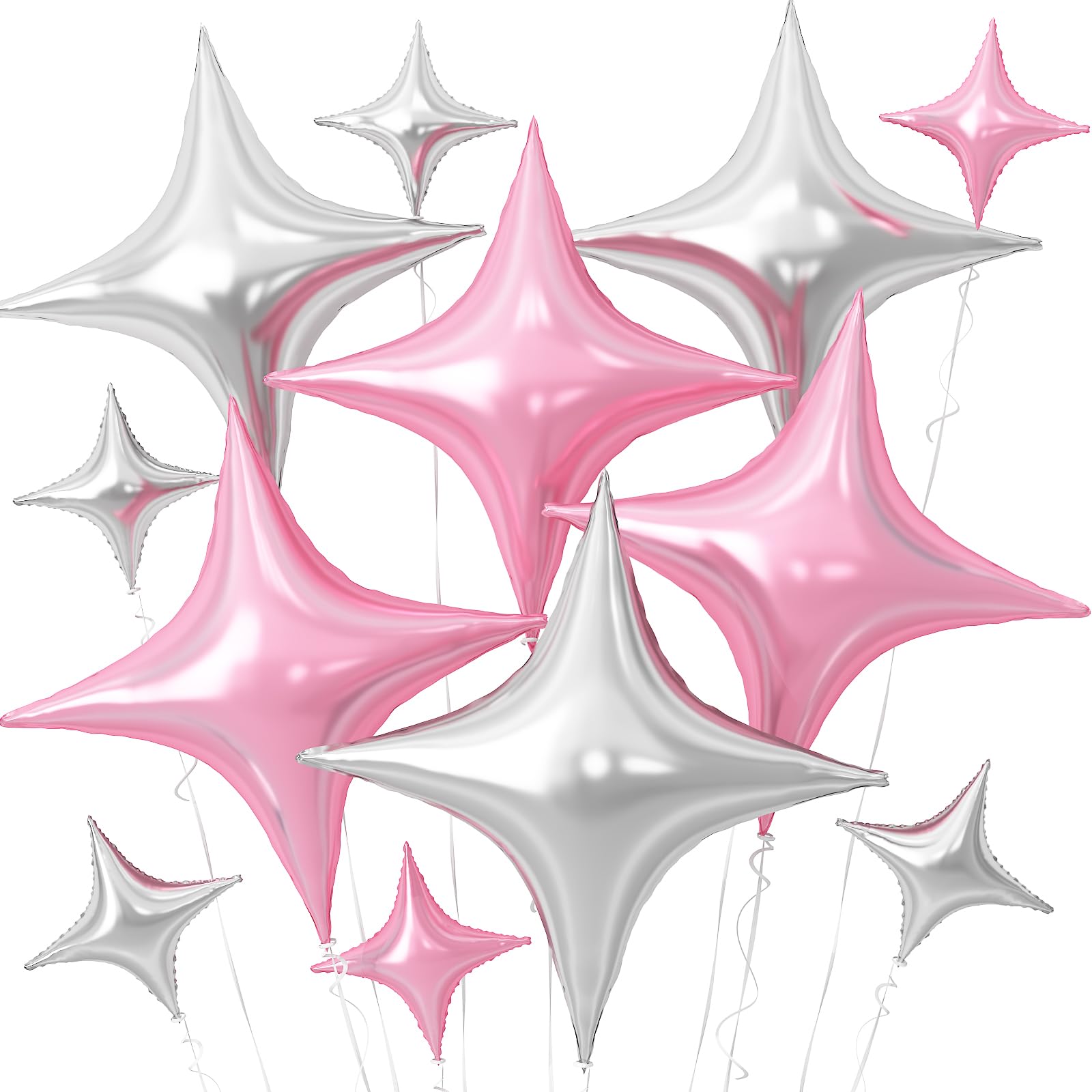 Amazon.com: Pink Silver Star Balloons,12Pcs Four Angle Star Foil ...
