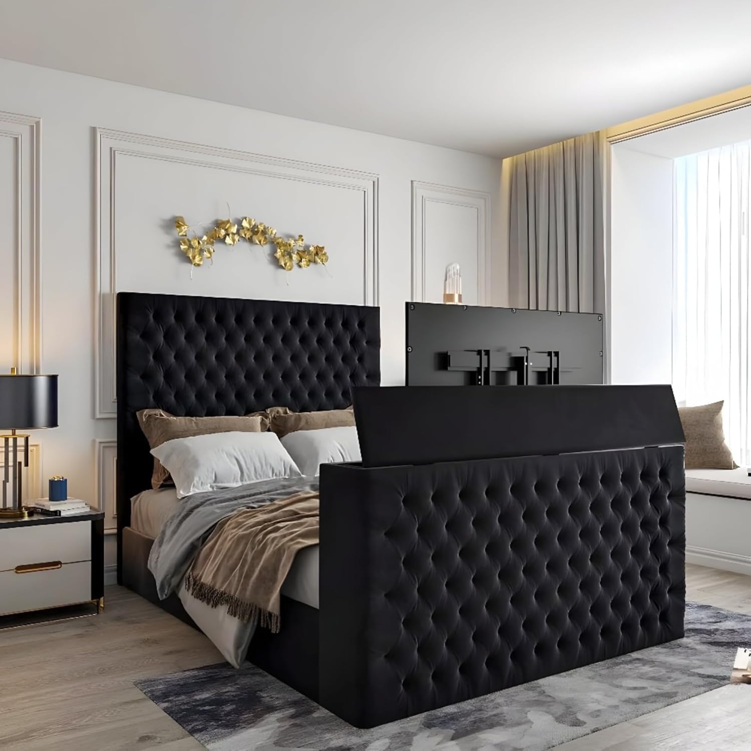 Urban Craft Plush Velvet Upholstered TV Bed with Remote-Controlled Lift ...