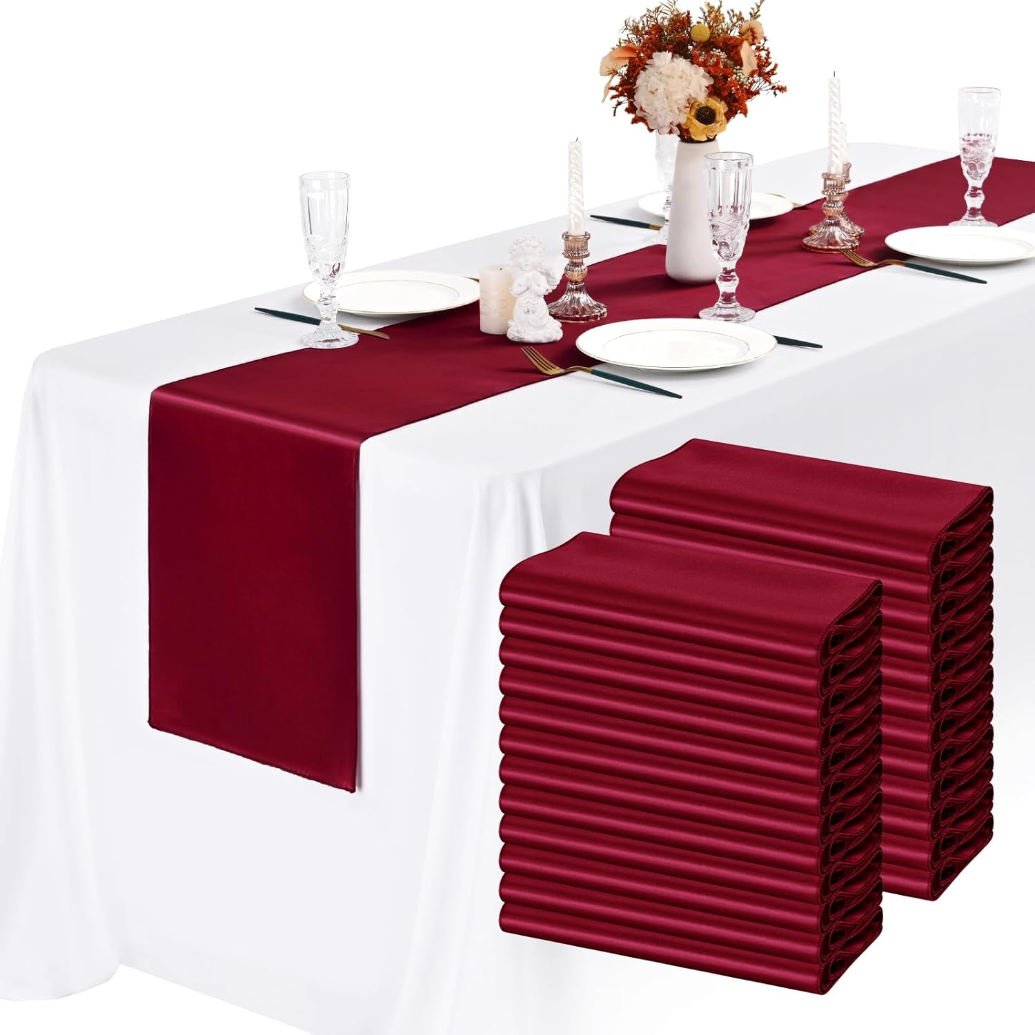 24 Pack Burgundy Satin Table Runners 12 x 72 Inch Long Bright Silk ...