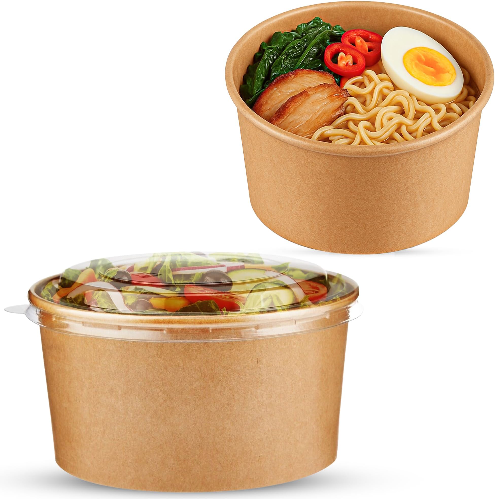 CHEF ROYALE 20x 750ml Kraft Salad Paper Bowls with Lids - Takeaway Containers for Hot/Cold Food ...