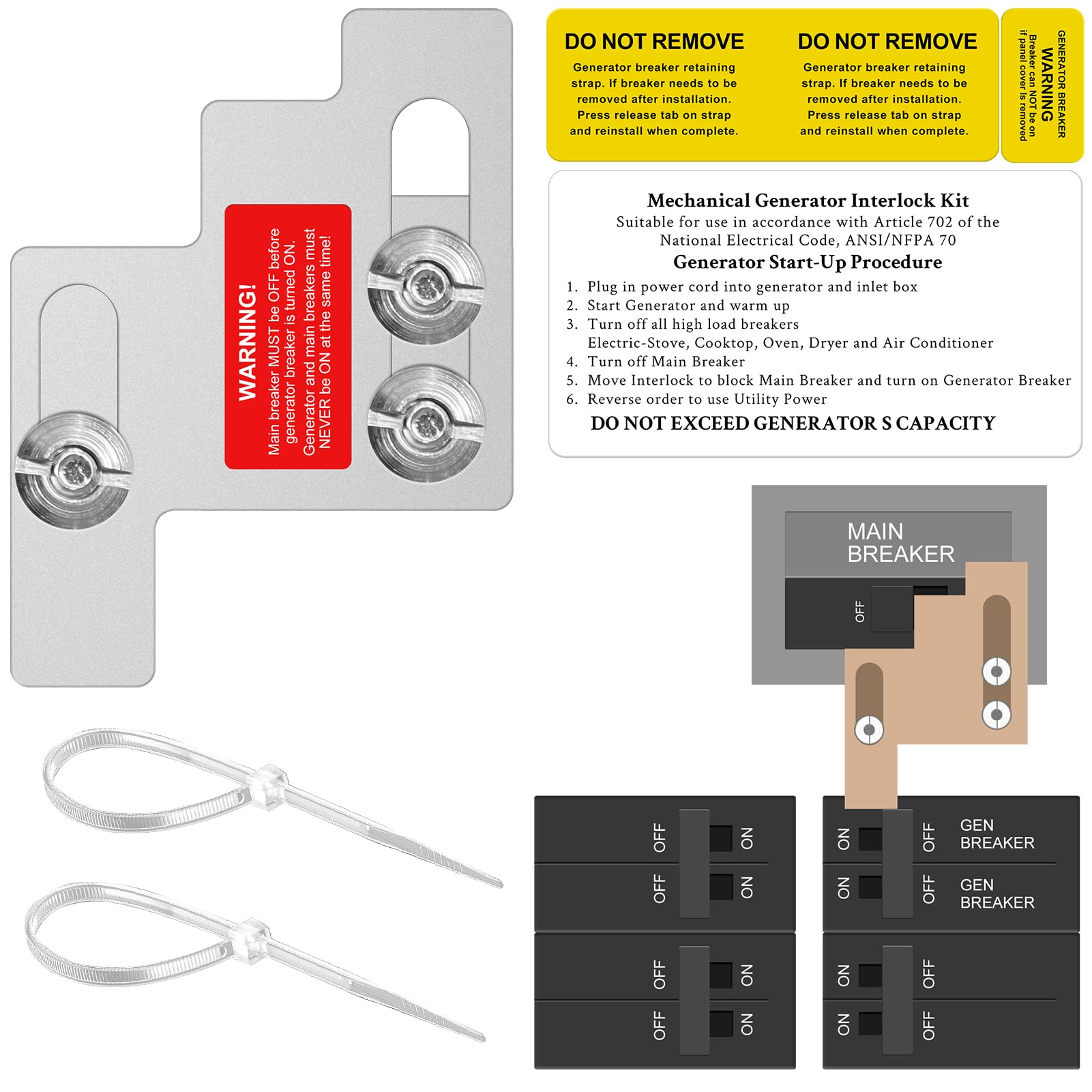 Generator Interlock Kit for General Electric GE 100 Amp Panels. 1 3/8 ...
