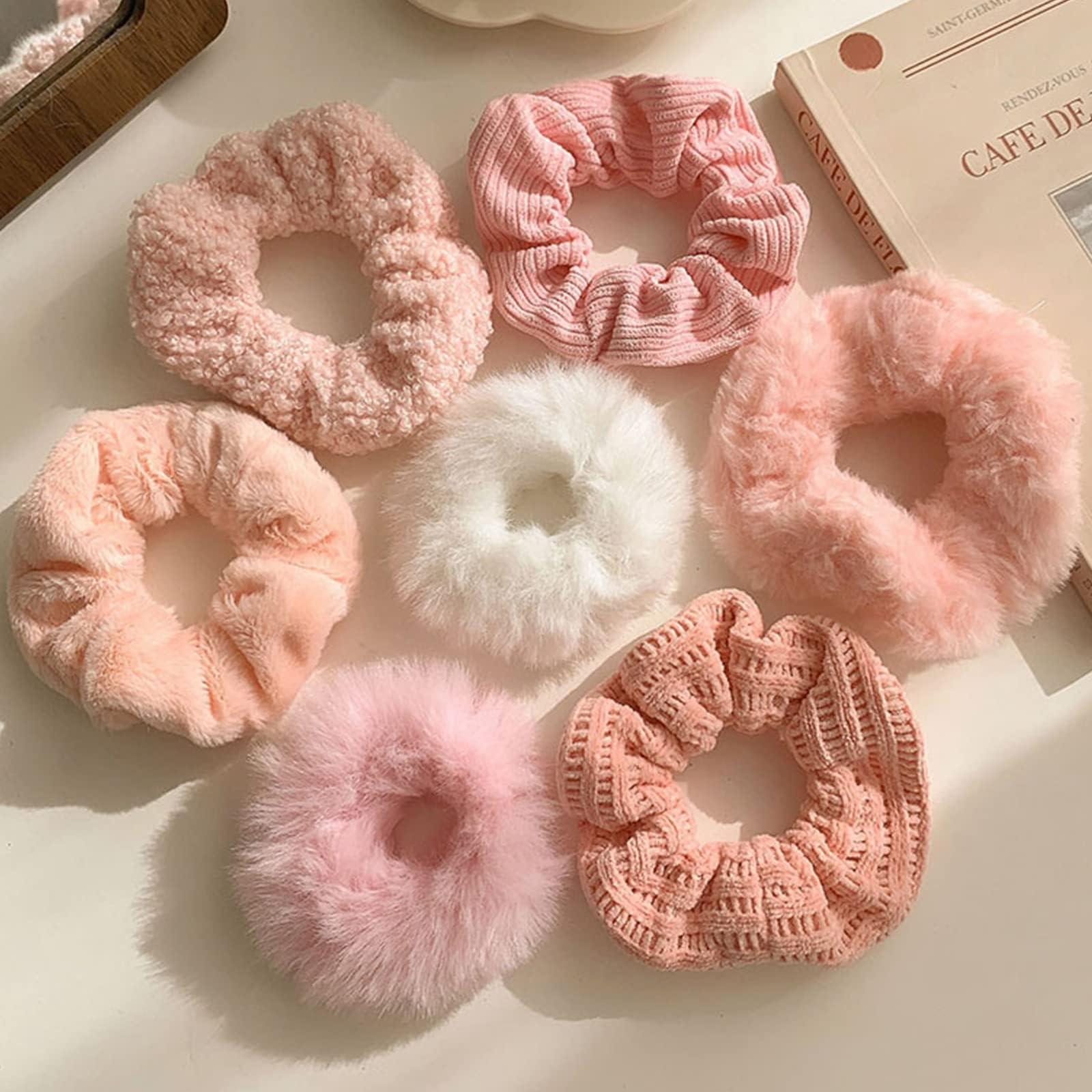 Amazon.com : AEGYPIUS Soft Plush Pink Fuzzy Scrunchies, 7 Pcs - Women ...