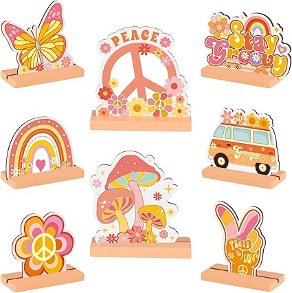 Amazon.com: Geetery 8 Pcs Groovy Party Decorations Groovy Wooden Table ...