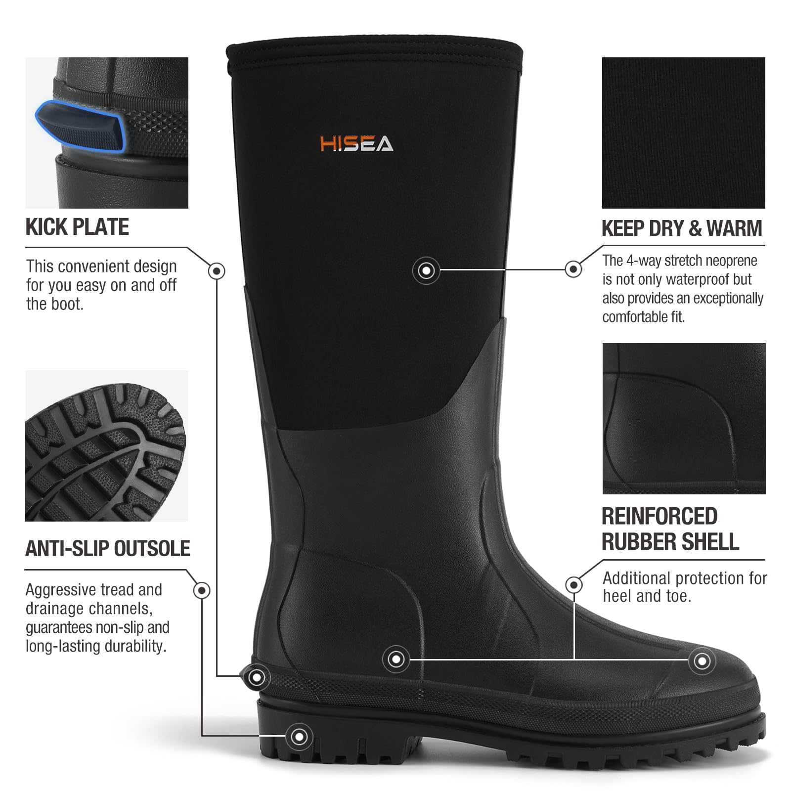 Snapklik.com : HISEA Mens Neoprene Rubber Boots Waterproof Durable ...