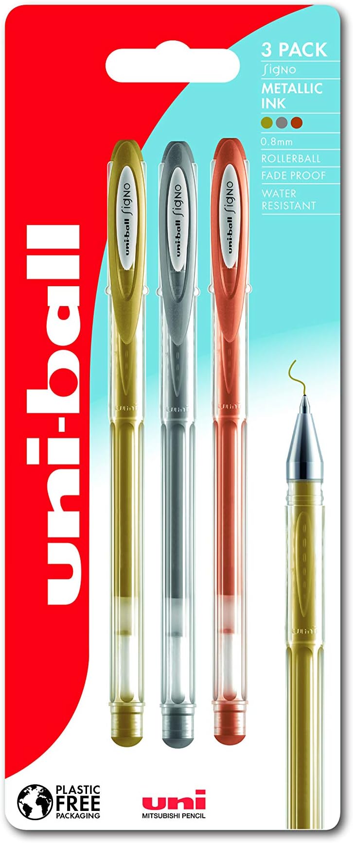 Uni-Ball UM-120NM Signo Metallic Rollerball Gel Pens 3pc Blister Gold ...