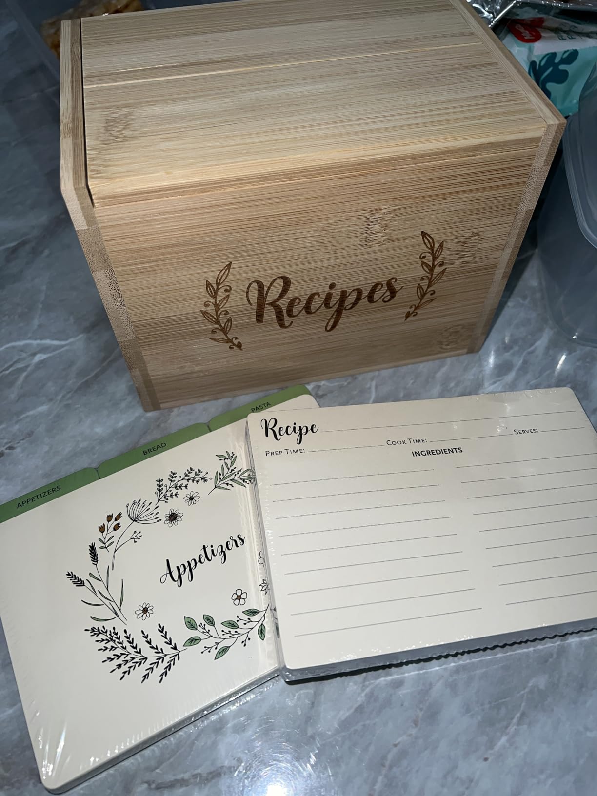 Bamboo Recipe Box Set (includes 50 recipe cards and 24 dividers ...