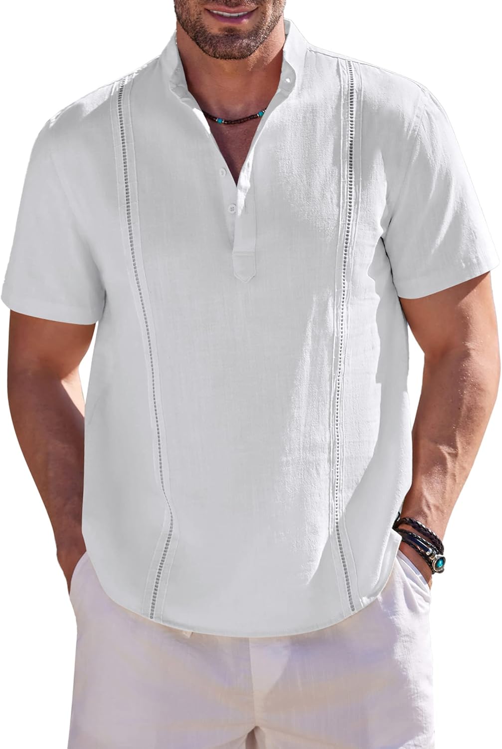 Amazon.com: COOFANDY Men's Casual Linen Cuban Guayabera Shirt Short Sleeve Henley Shirt Summer ...