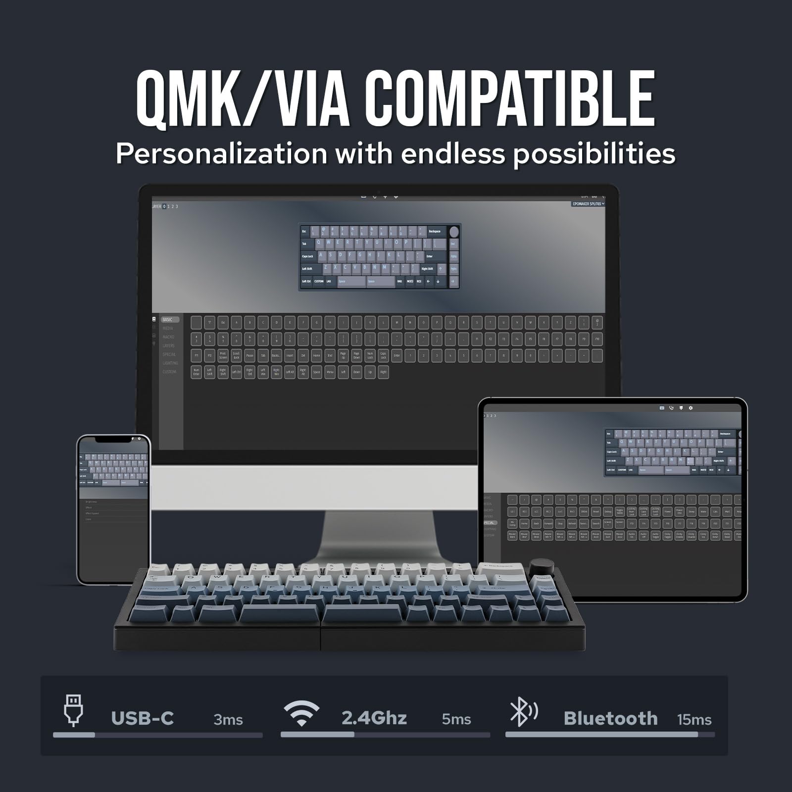 Snapklik.com : EPOMAKER Split65 QMK/VIA Programmable Keyboard, Wireless ...