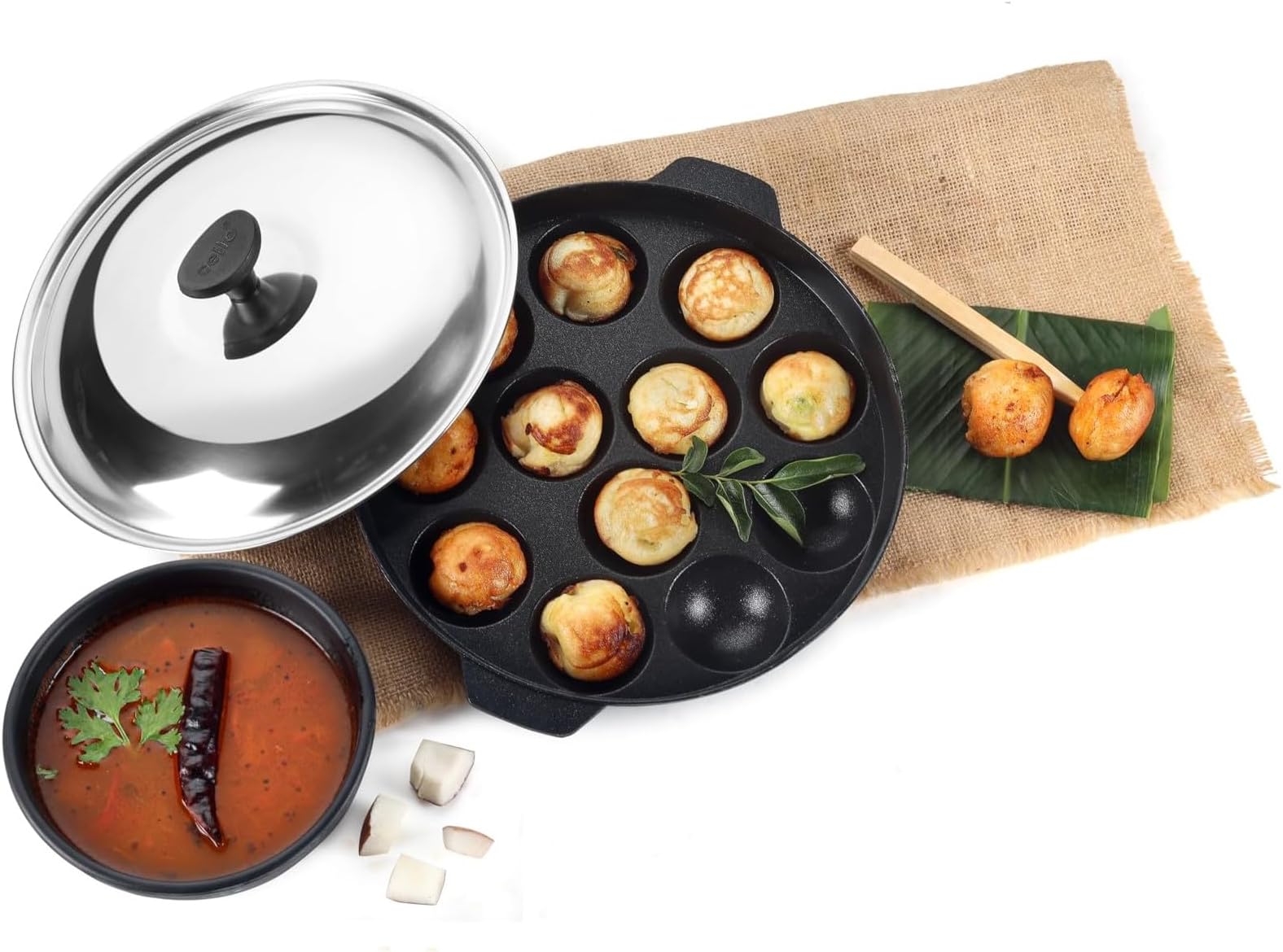 Buy CELLO Non-Stick 12 Cavity Appam Patra Kan with Stainless Steel Lid ...