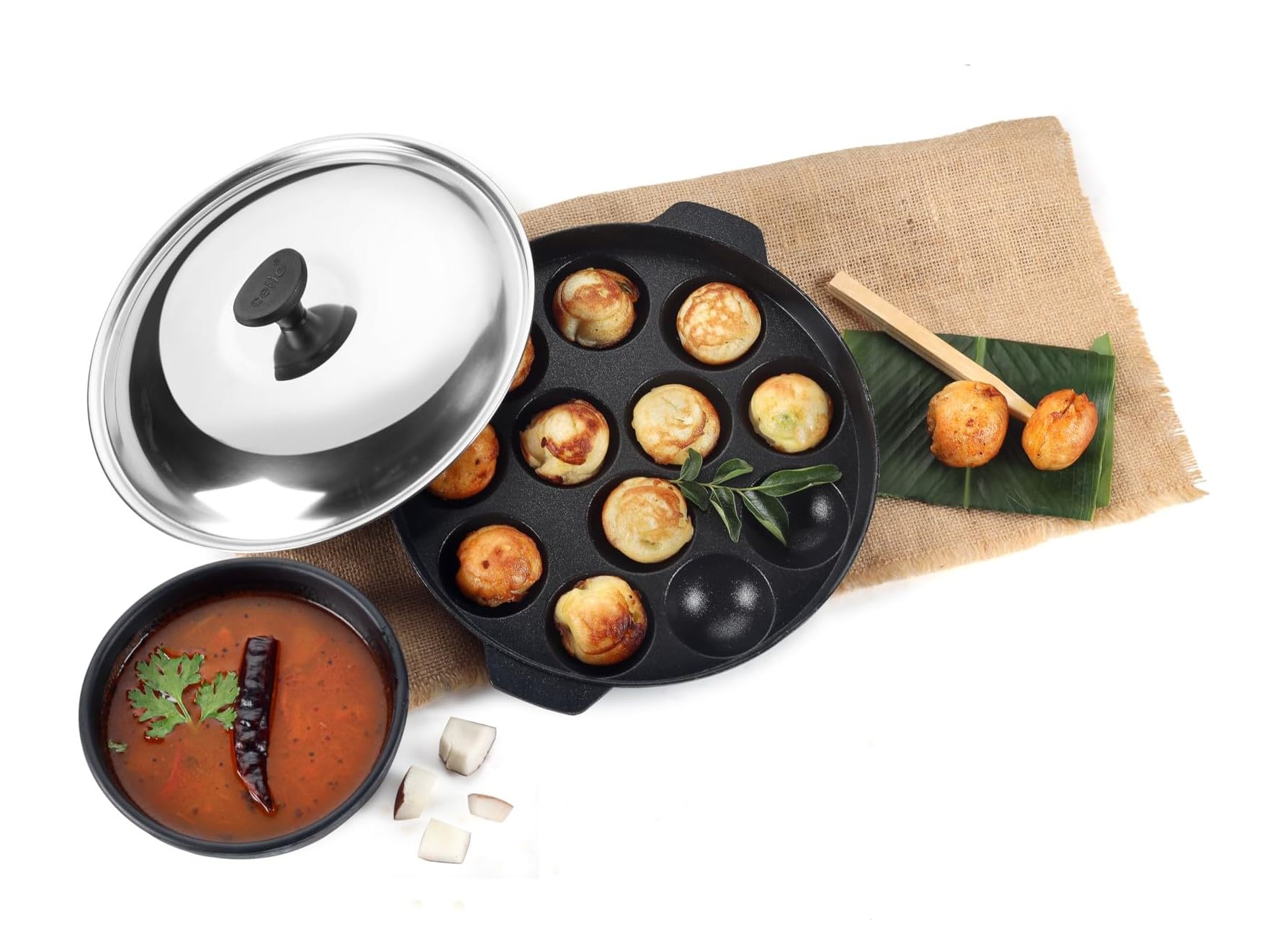 Buy CELLO Non-Stick 12 Cavity Appam Patra Kan with Stainless Steel Lid ...