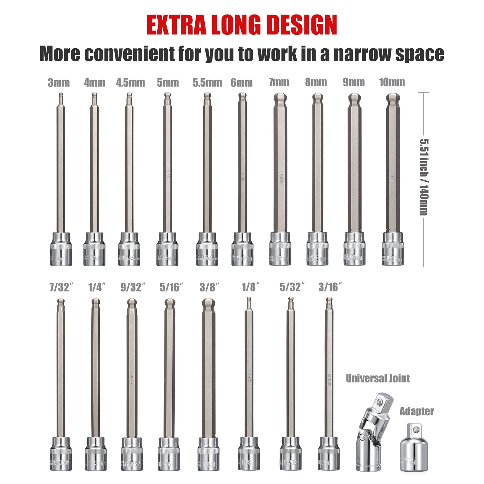 Snapklik.com : RIMKOLO 3/8 Inch Drive Long Ball End Hex Bit Socket Set