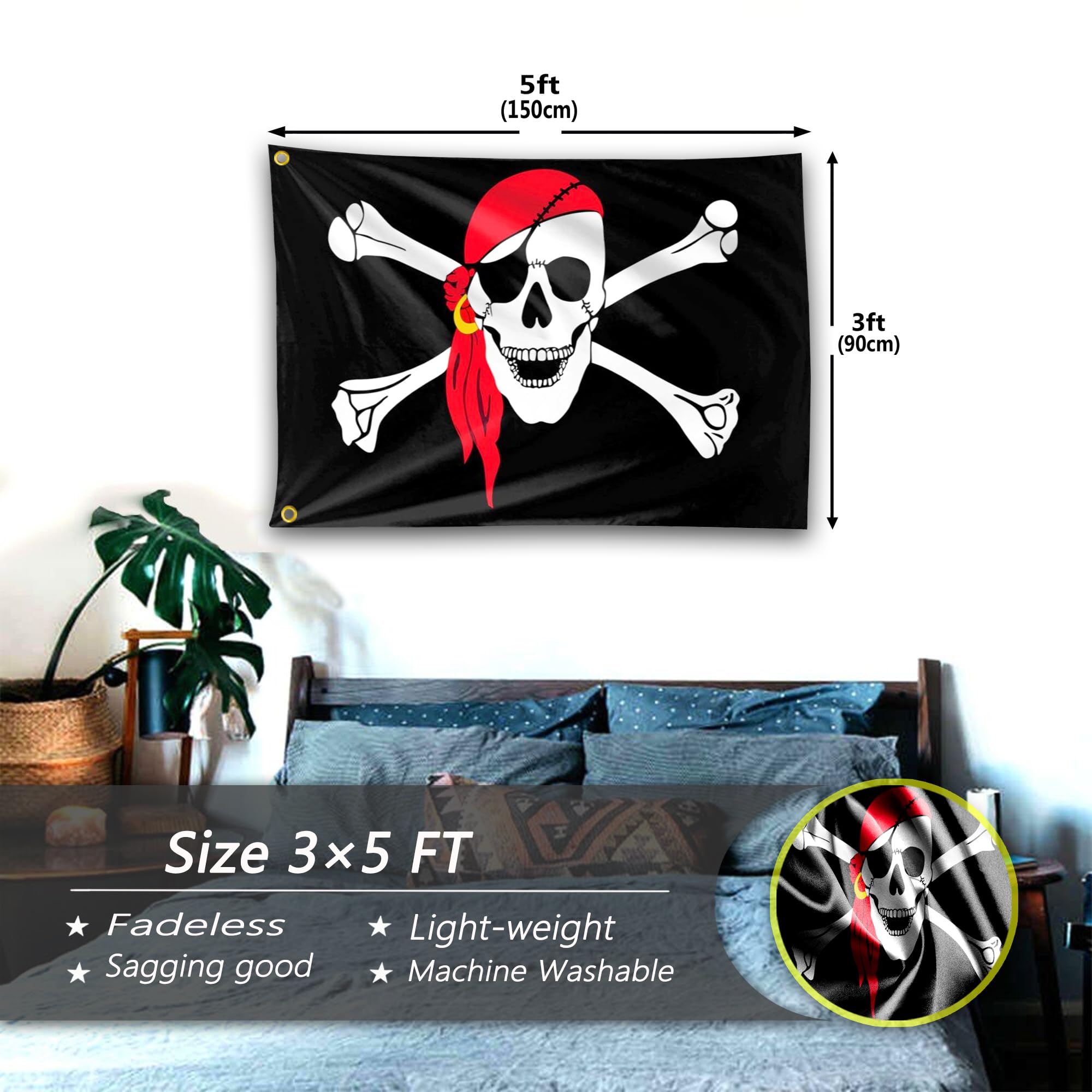 Snapklik.com : Pirate Jolly Roger Red Bandana Flag 3x5 Ft Funny ...
