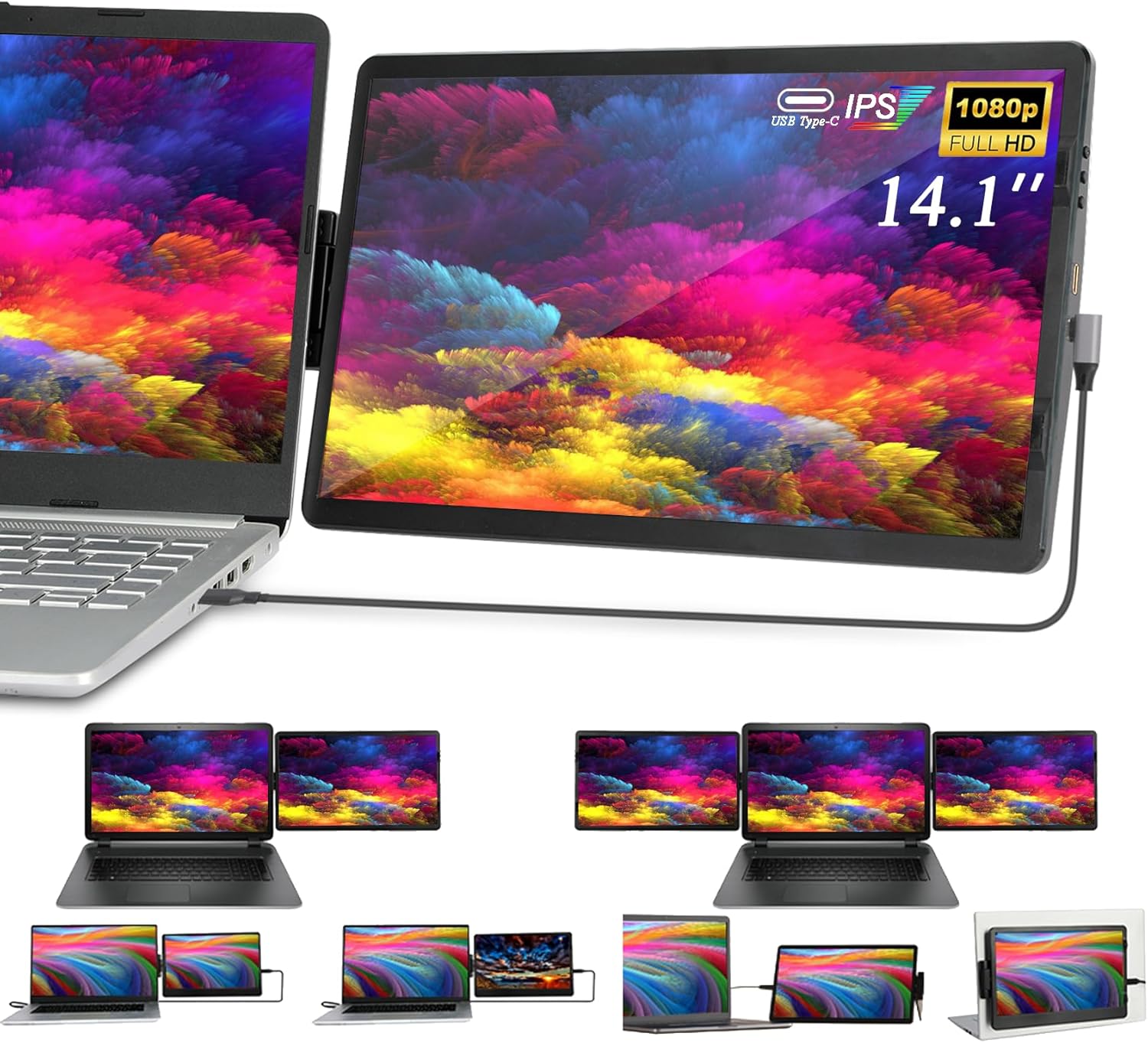 14" Attachable Portable Monitor for Laptop FHD TFT IPS Rotating Laptop ...