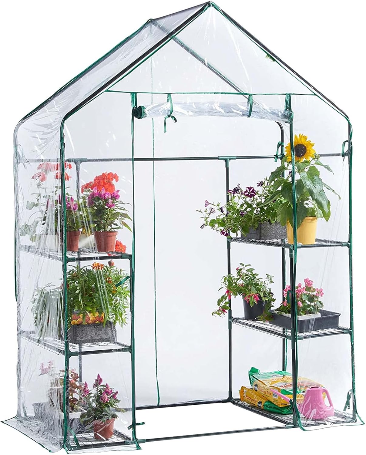 Walk in Greenhouse with Shelves & White Zipped PVC Roll-up Cover ...