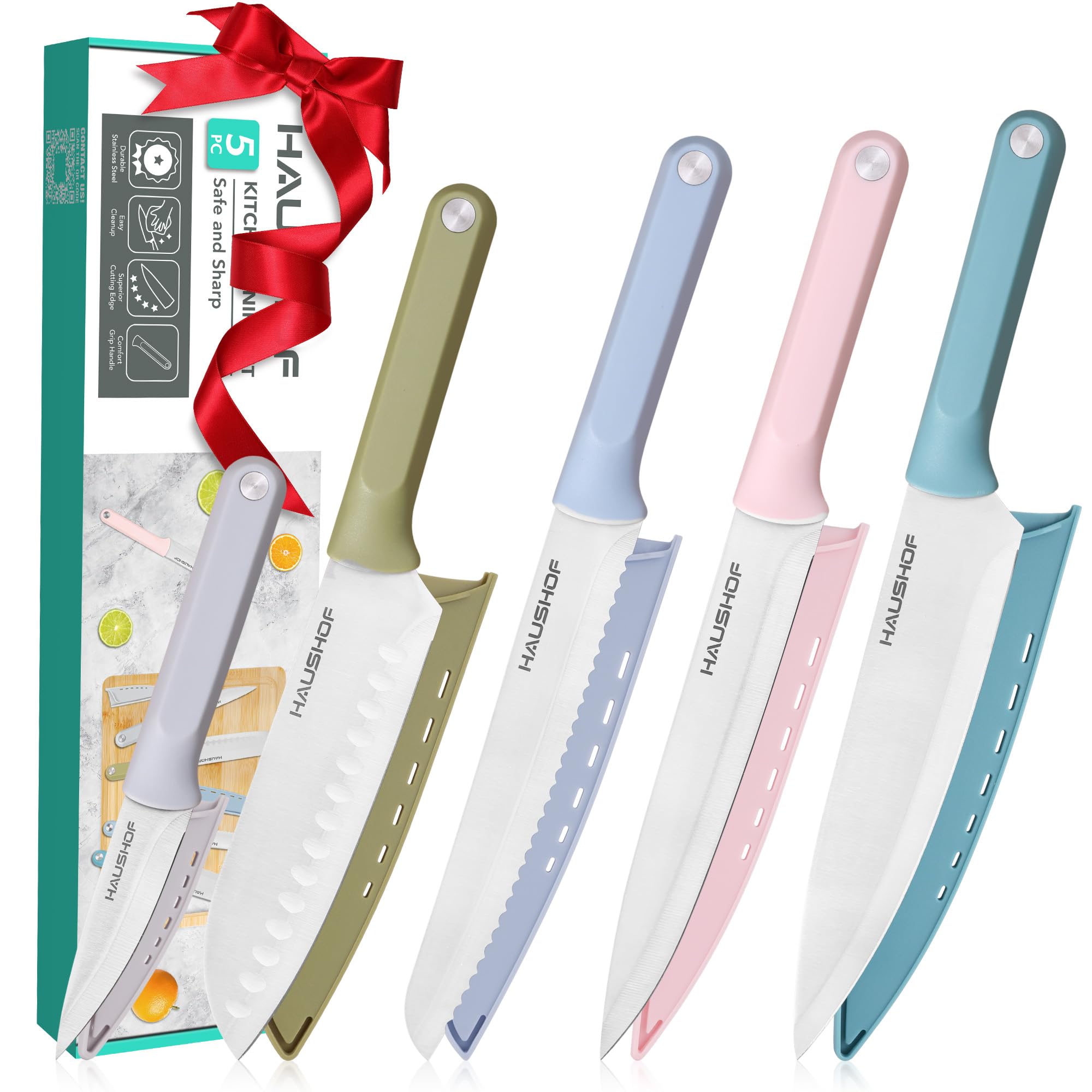 Amazon.com: HAUSHOF Kitchen Knife Set, 5 PCS Colorful Kitchen Knives ...
