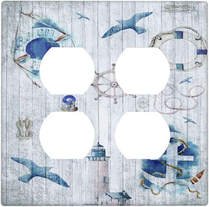 Nautical Anchor Lighthouse Farmhouse Wood 2 Gang Duplex Light Switch ...