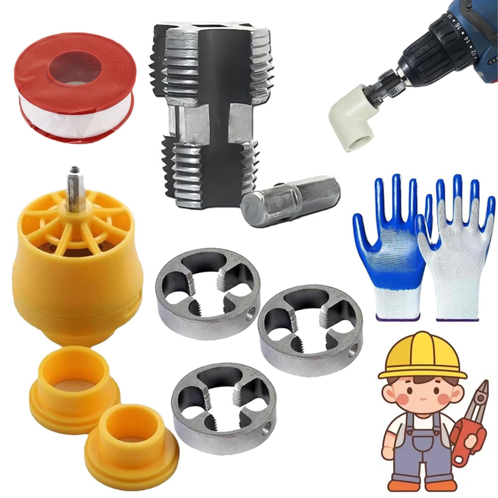 Electric Drill Compatible PVC Pipe Threader Kit with Various Die Sizes ...