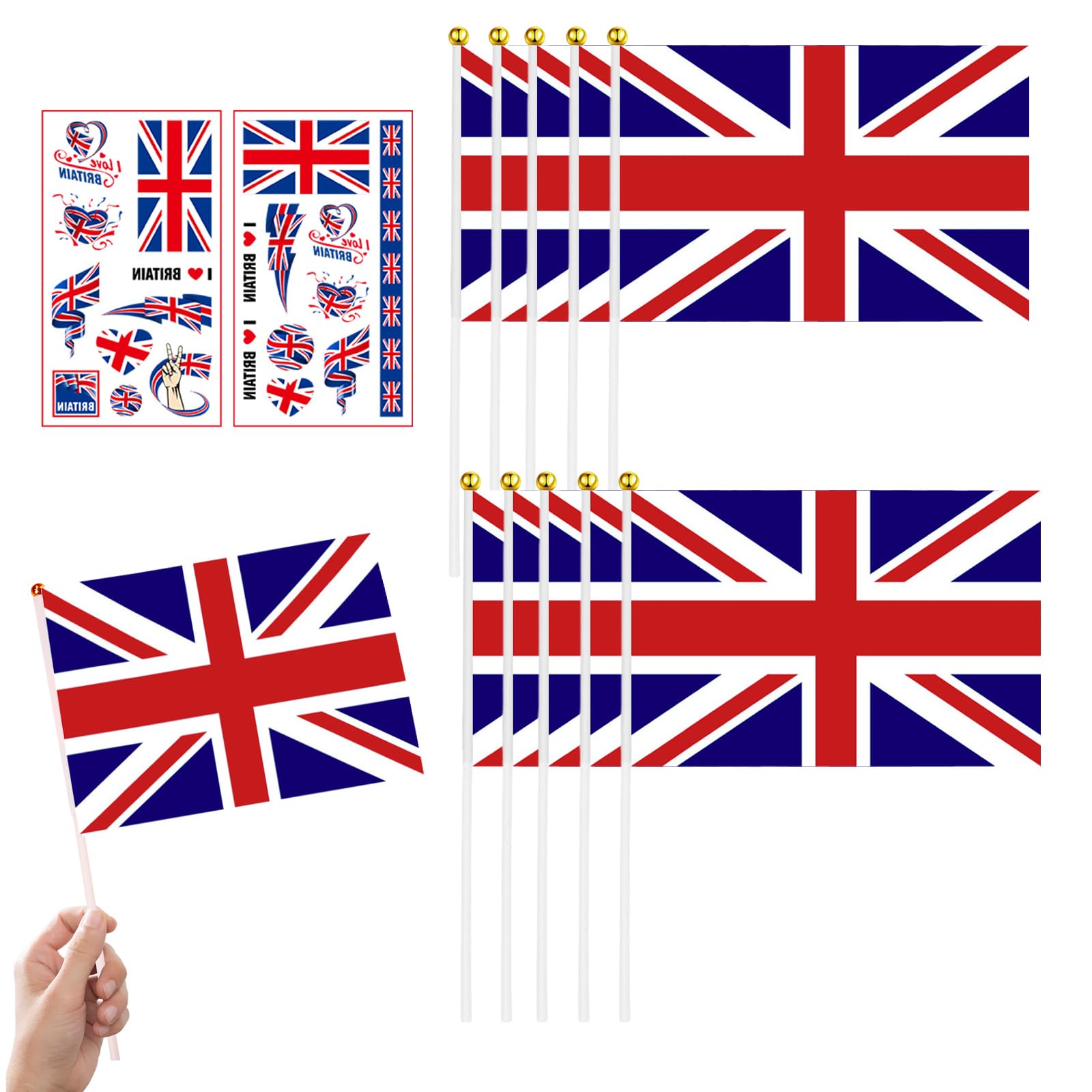 10pcs Small British Union Jack Flags on Sticks & 2pcs Temporary Tattoos ...