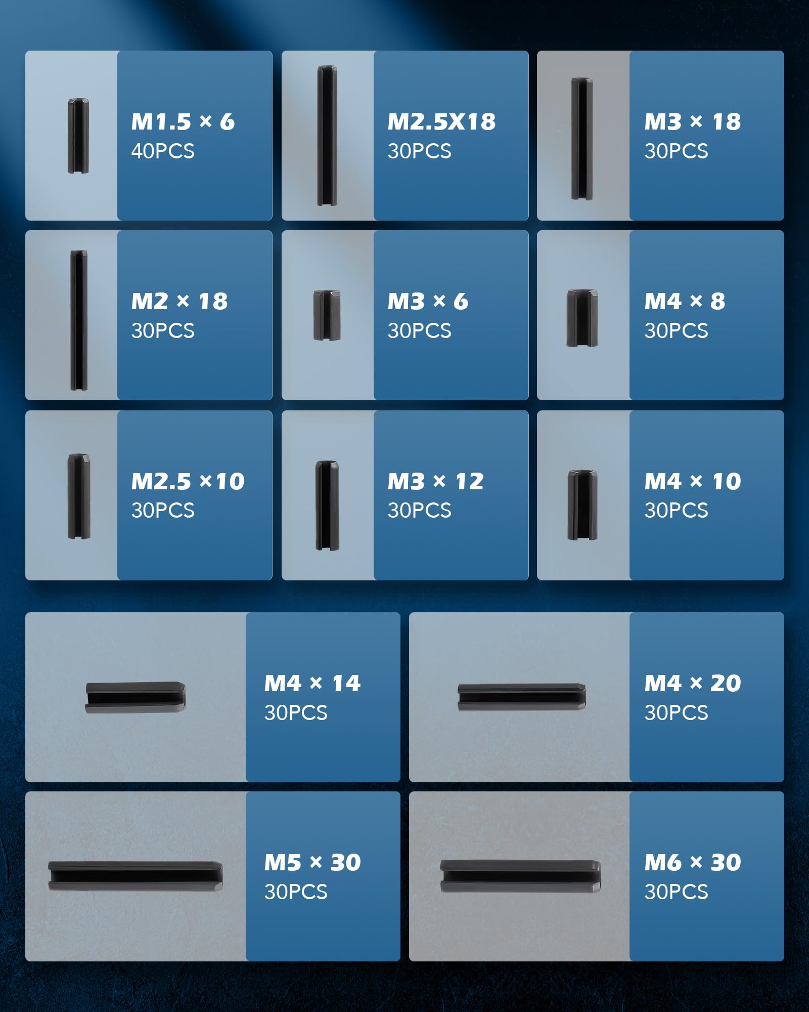 Snapklik.com : 400pc Roll Pin Set, M1.5 M2 M2.5 M3 M4 M5 M6 Slotted ...