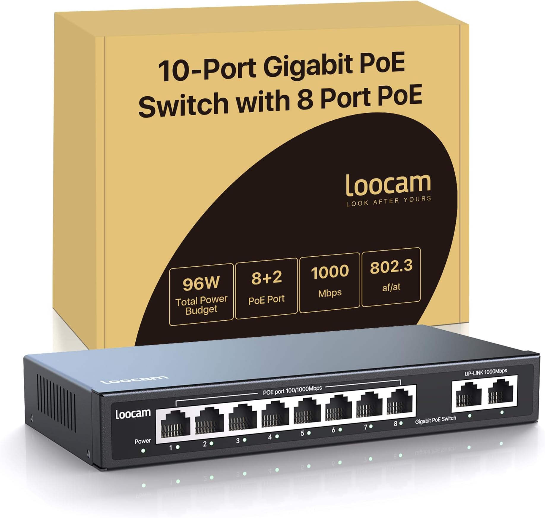 Loocam 8 Port Gigabit PoE Switch with 2 Uplink Gigabit Port, 1000 Mbps ...