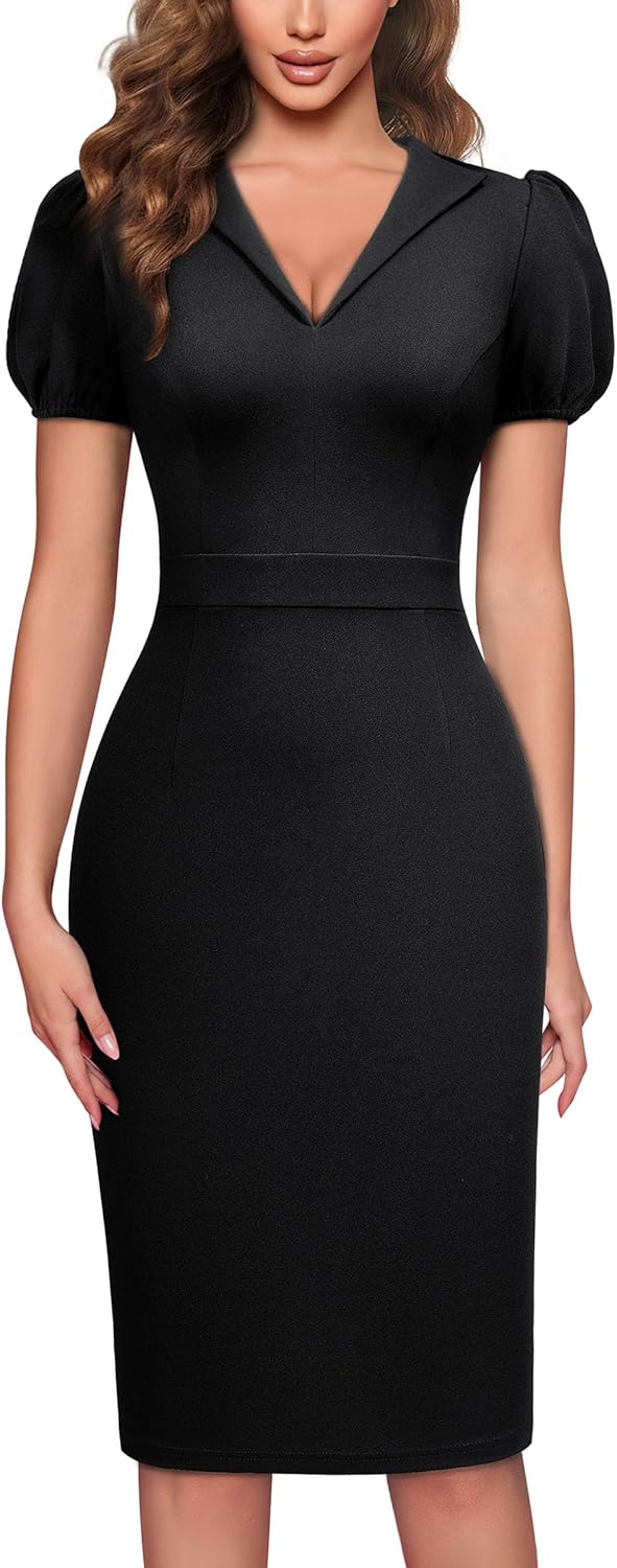 Amazon.com: AISIZE Women's V-Neck Elegant Puff Sleeve Cocktail Sheath ...