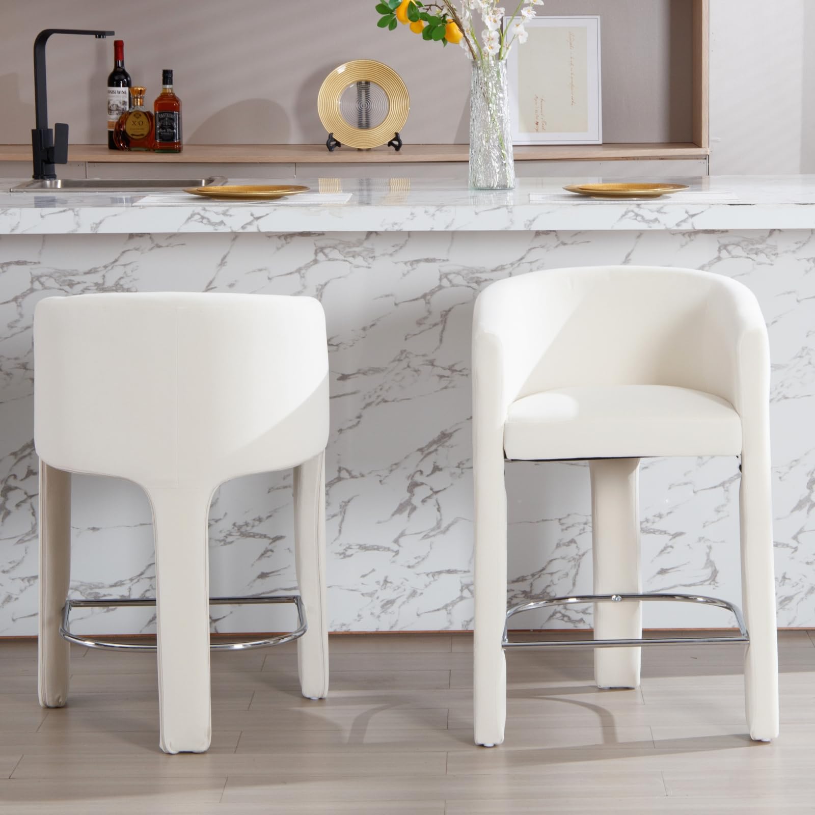 Amazon.com: ROCITY Beige Velvet Counter Height Bar Stools Set of 2 ...