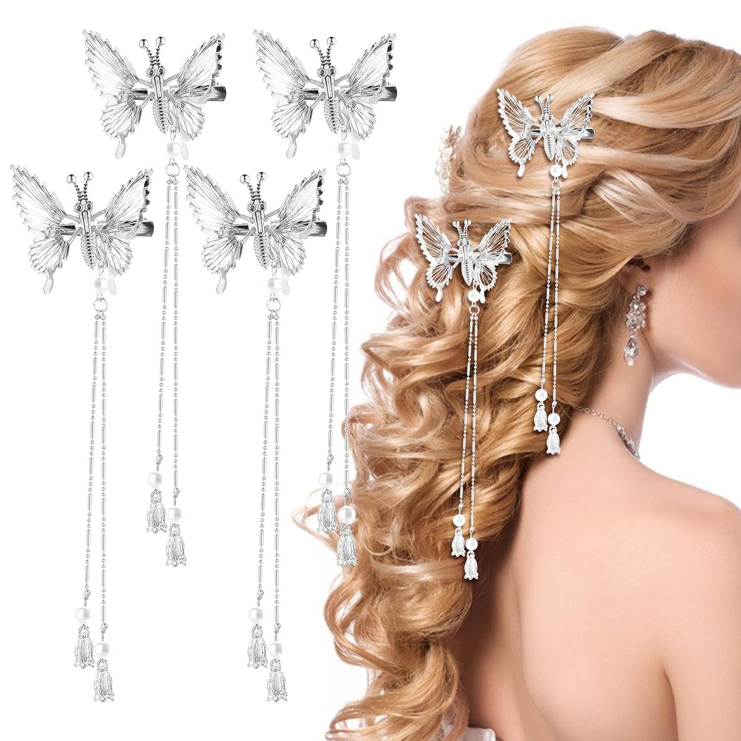 Amazon.com : Sibba 4 Pcs 3D Moving Butterfly Tassel Hair Clips ...