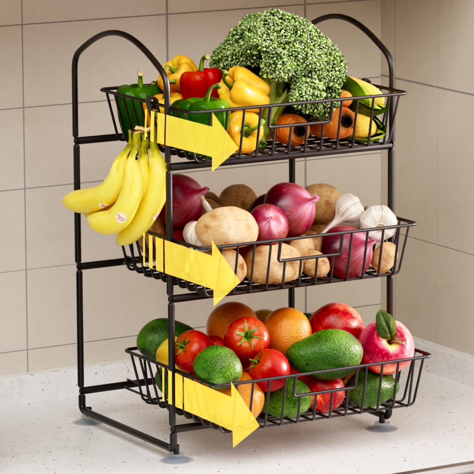 Amazon.com: Sevenblue 2 Tier Fruit Basket for Kitchen with 2 Banana ...