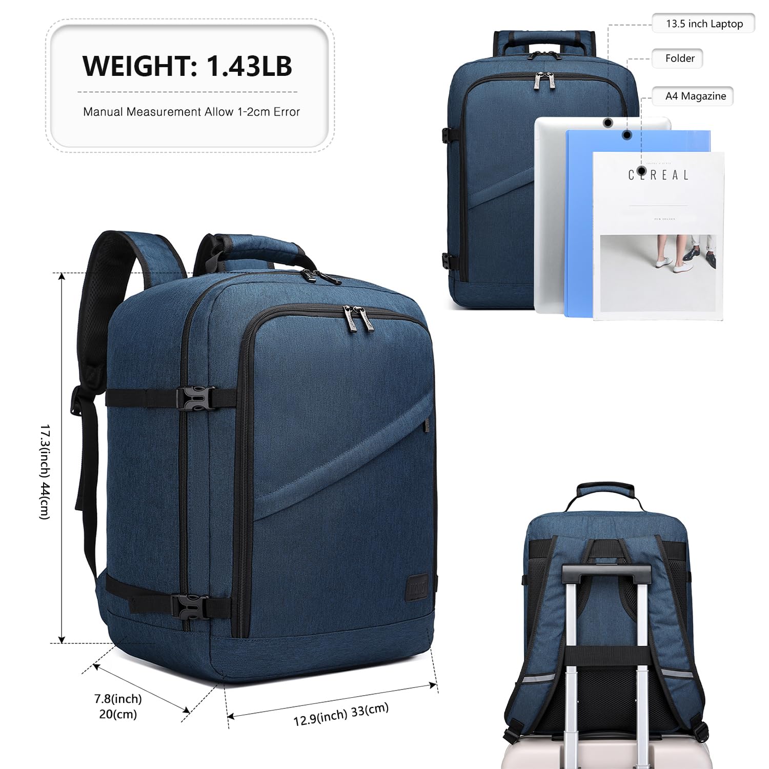 Snapklik.com : Kono Carry On Backpack, 18" Airplane Approved Under Seat ...