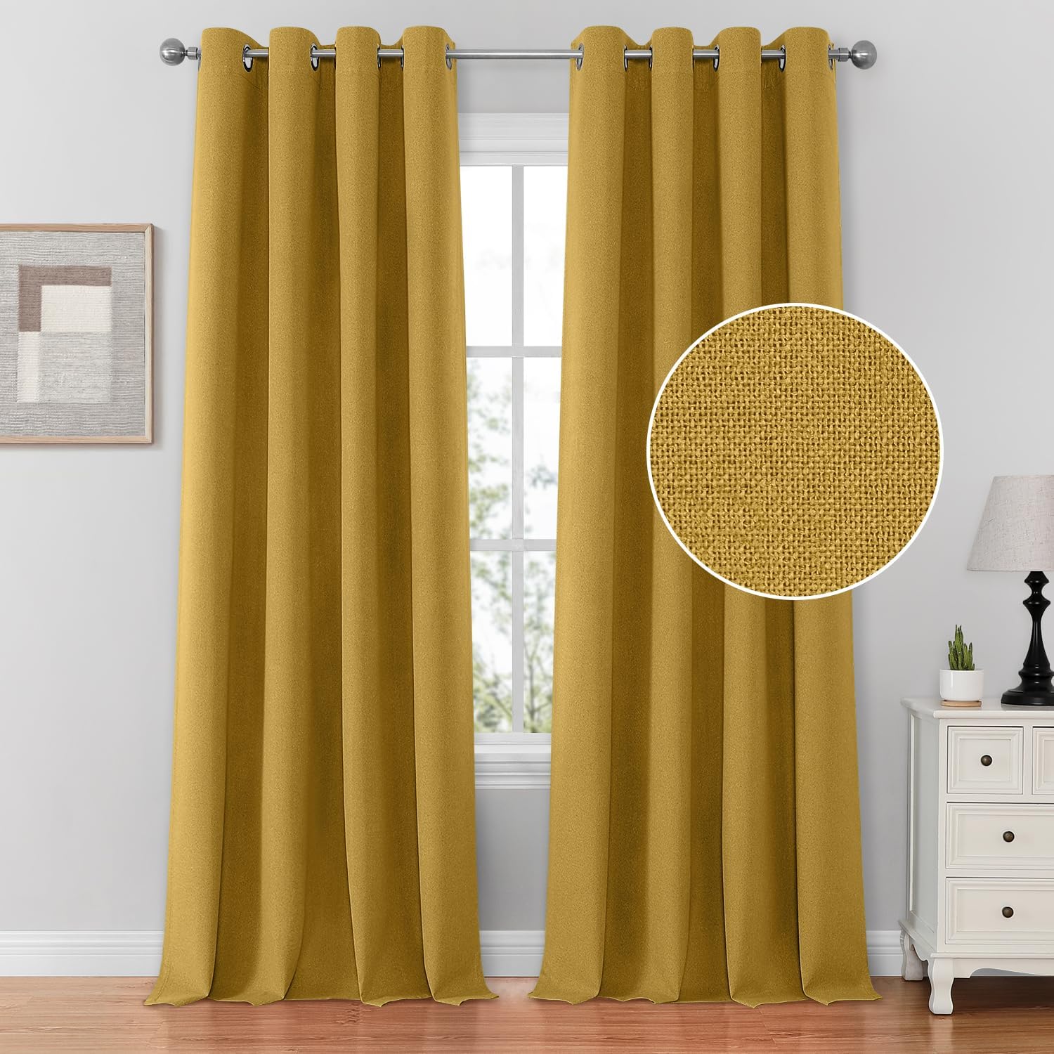 Amazon.com: HOMEIDEAS Full Mustard Yellow Linen Blackout Curtains for ...