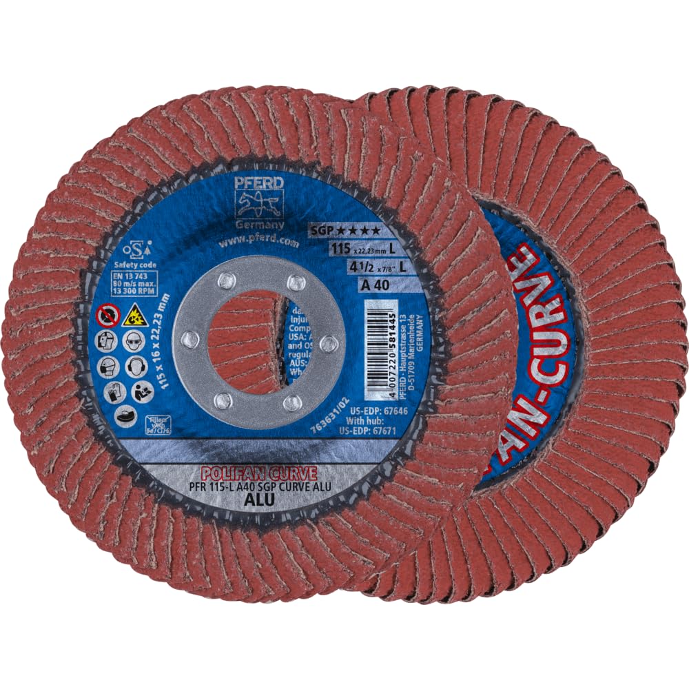 PFERD POLIFAN® Curve Flap Disc 4-1/2" x 7/8", SGP-ALU for Aluminum, 40 Grit, Large Radius, Part ...