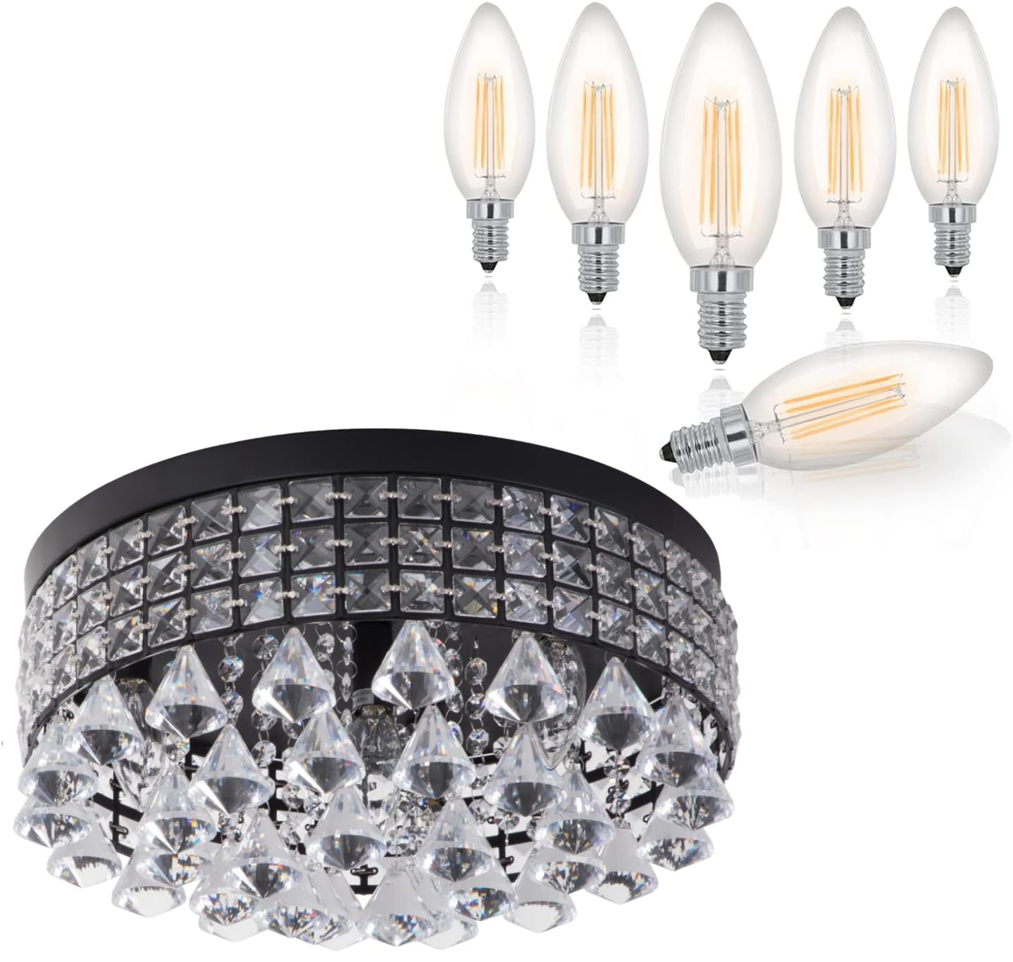 Maxax 4 Lights Crystal Chandelier Black & 6 Pack LED E12 C35 Dimmable ...