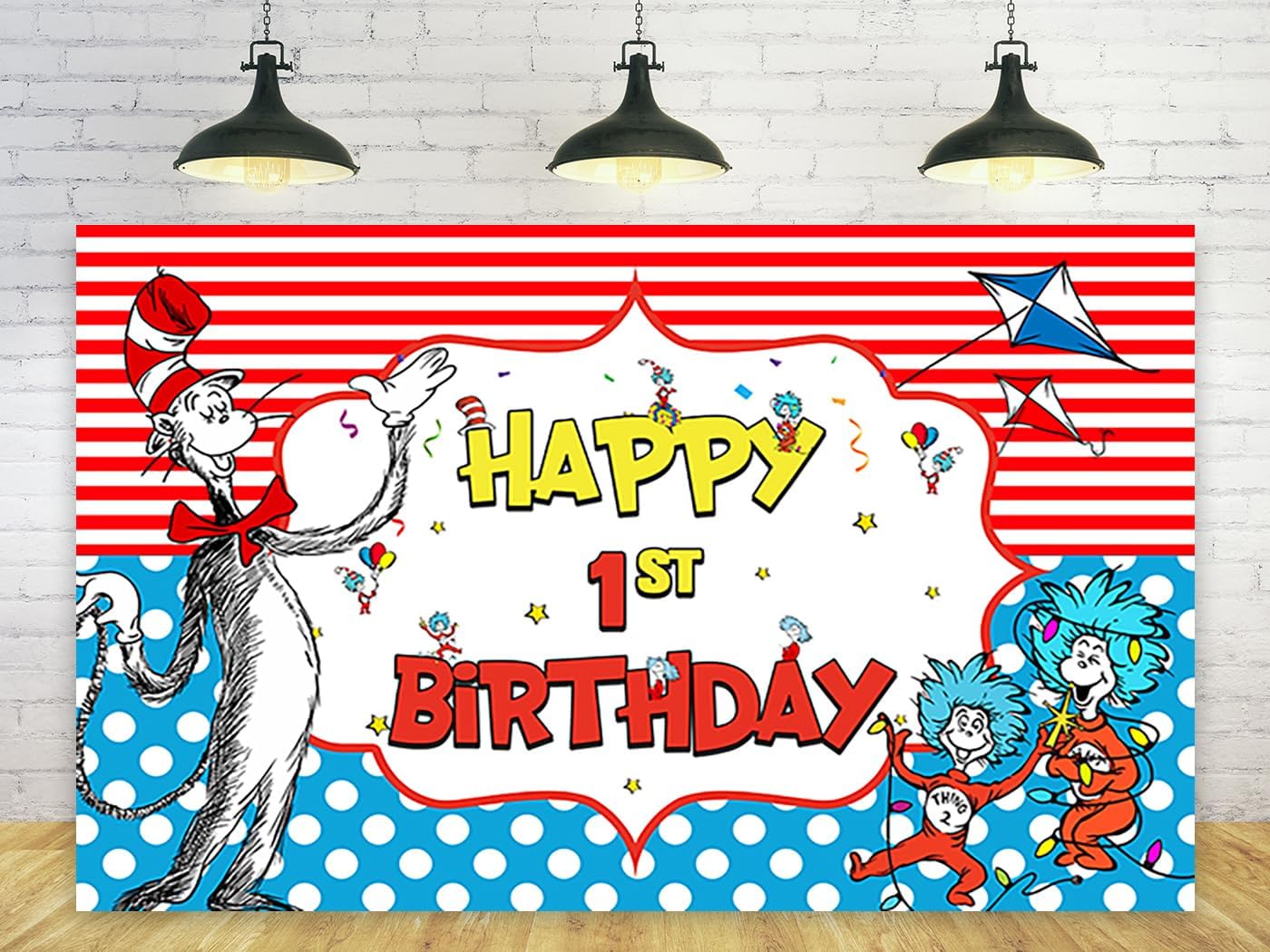 Blue Dots Red Stripes Backdrop Party Supplies Dr Seuss Birthday Theme ...
