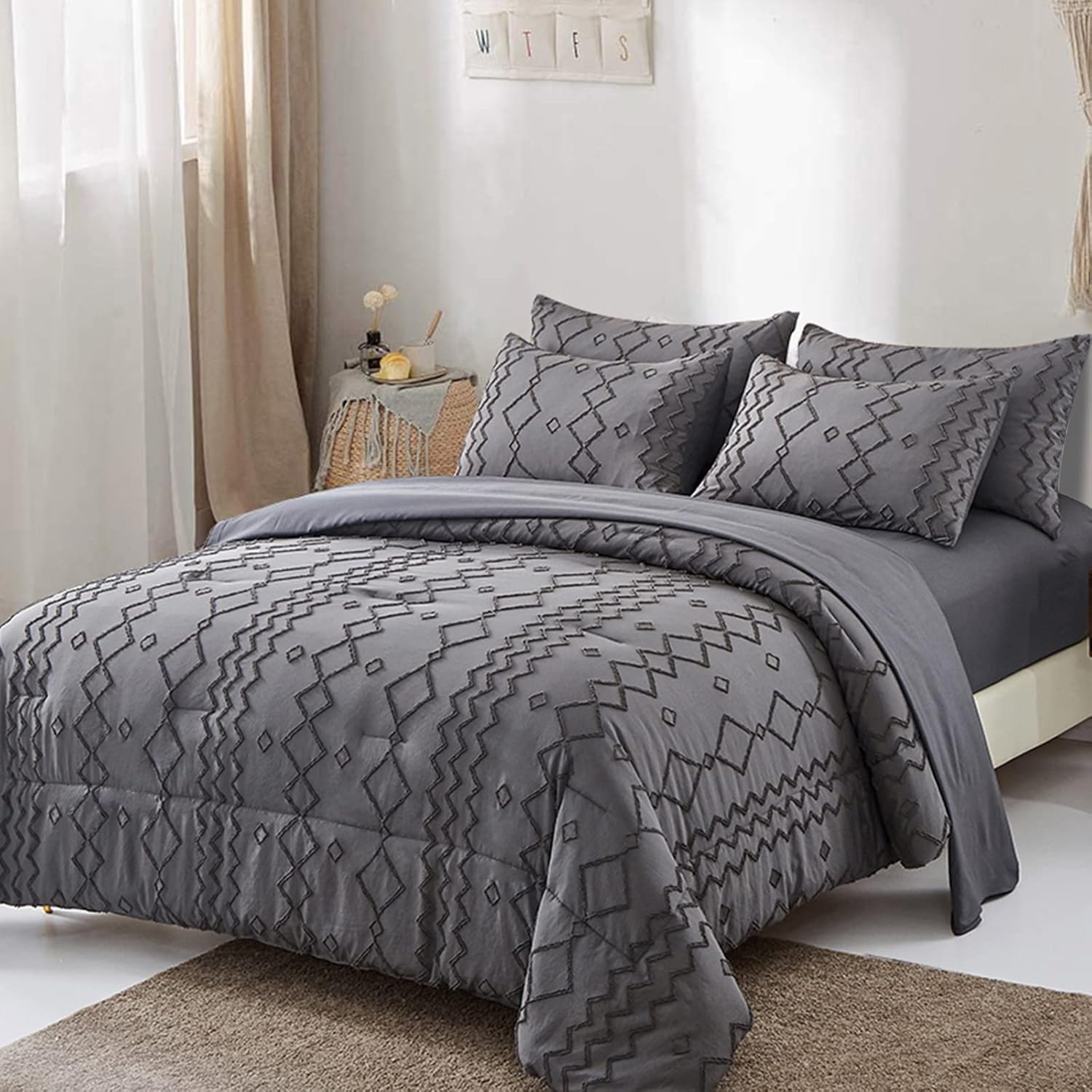 WONGS BEDDING Grey Tufted Comforter Set King 7 Pieces Bed in a Bag Boho ...