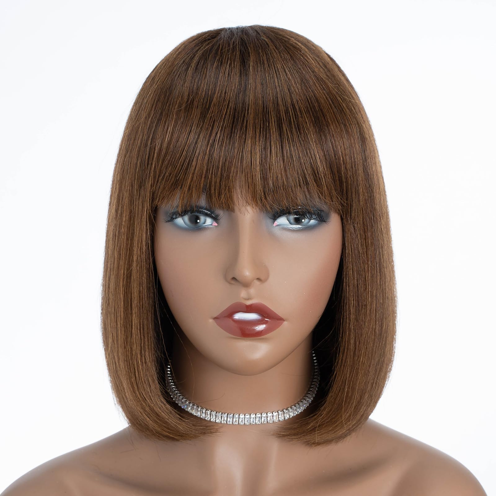 Amazon.com : DÉBUT Short Bob Wigs with Bangs Human Hair Ombre Brown ...