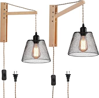 Modxian Farmhouse Plug in Wall Sconces Set of 2 Wood Bedroom Wall Lamp ...
