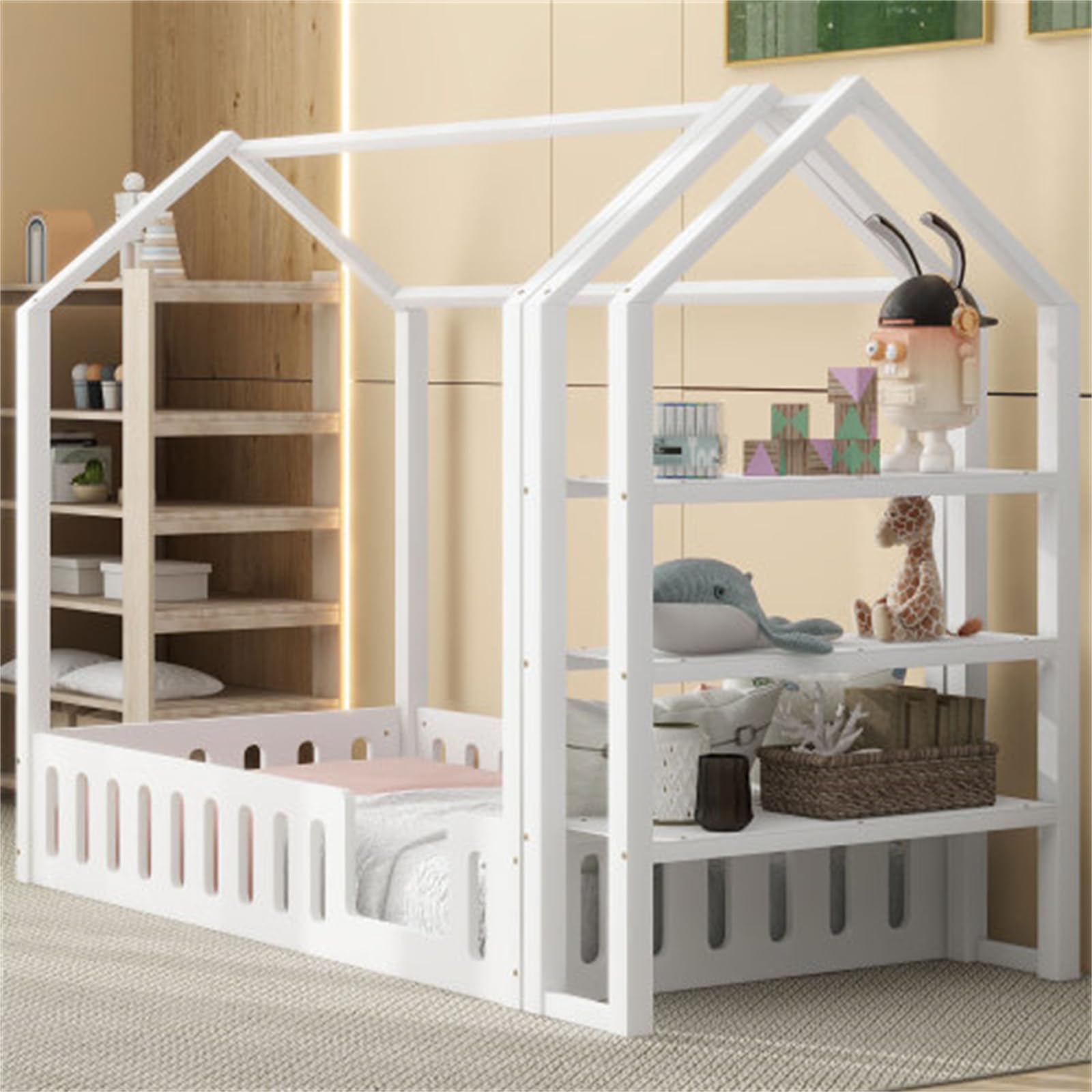 Wooden Simple Double Cabin Bed with Fence, Removable Side Shelf, White