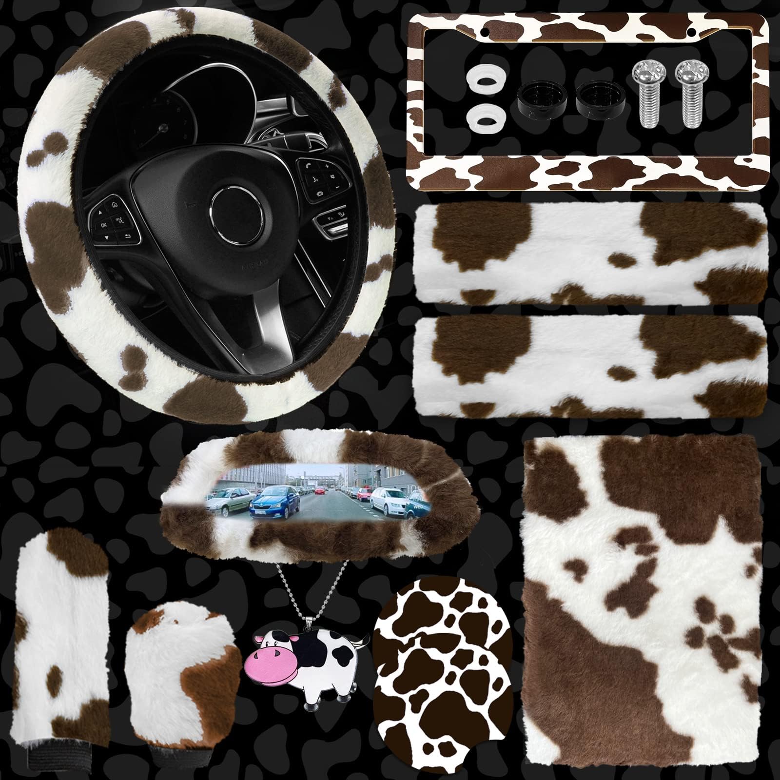 Amazon.com: JINGSEN 11 Pieces Fluffy Car Accessories Set,Fluffy Cow ...