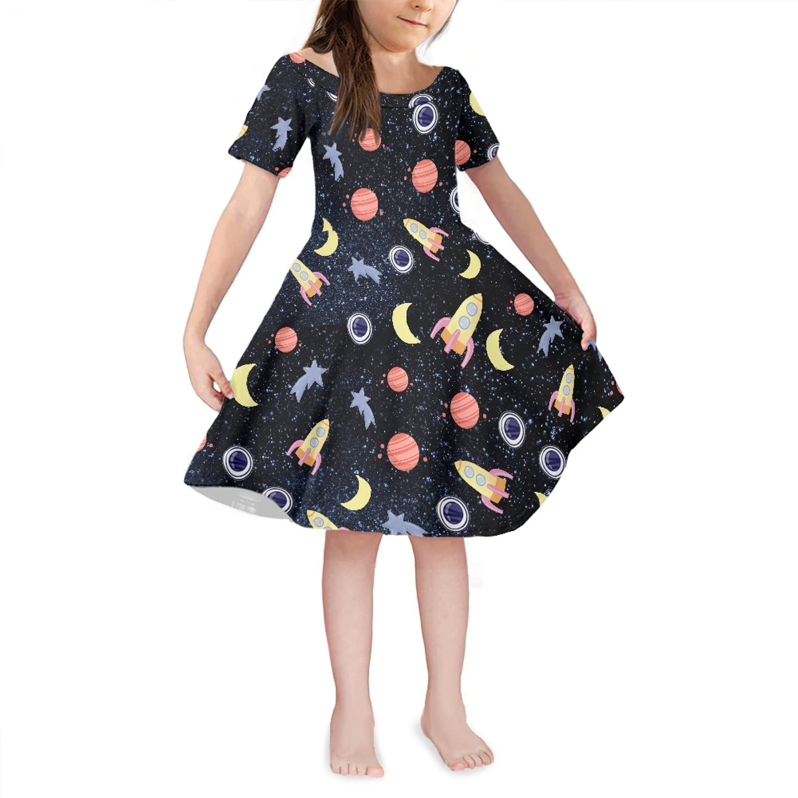 Amazon.com: TENMET Girl's Dress 3D Galaxy Print Short Sleeve Swing ...