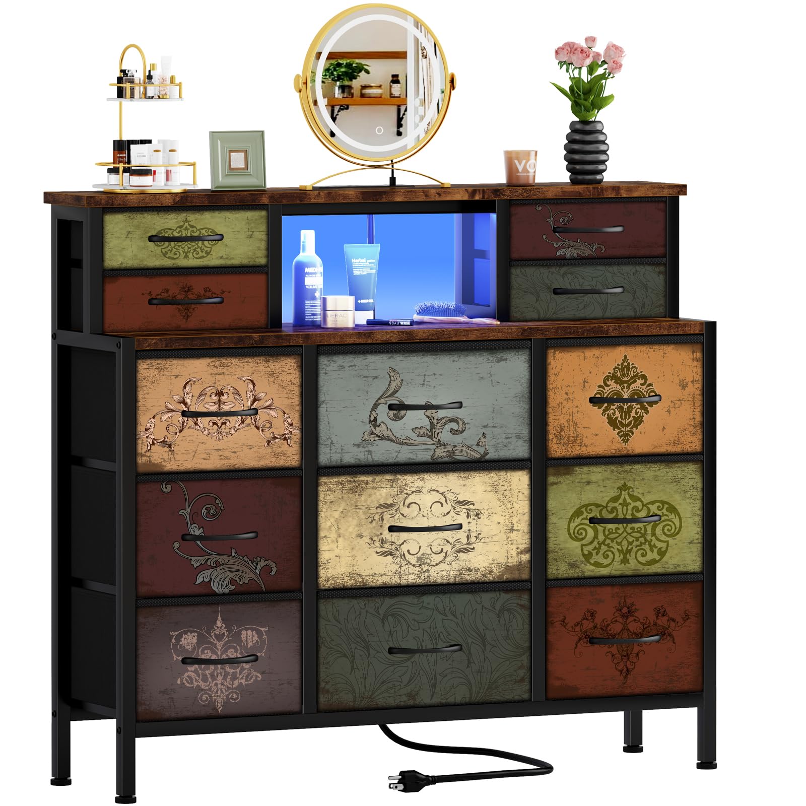 VASICAR Dresser for Bedroom with 13 Drawers & 2 Open Shelves, Fabric ...