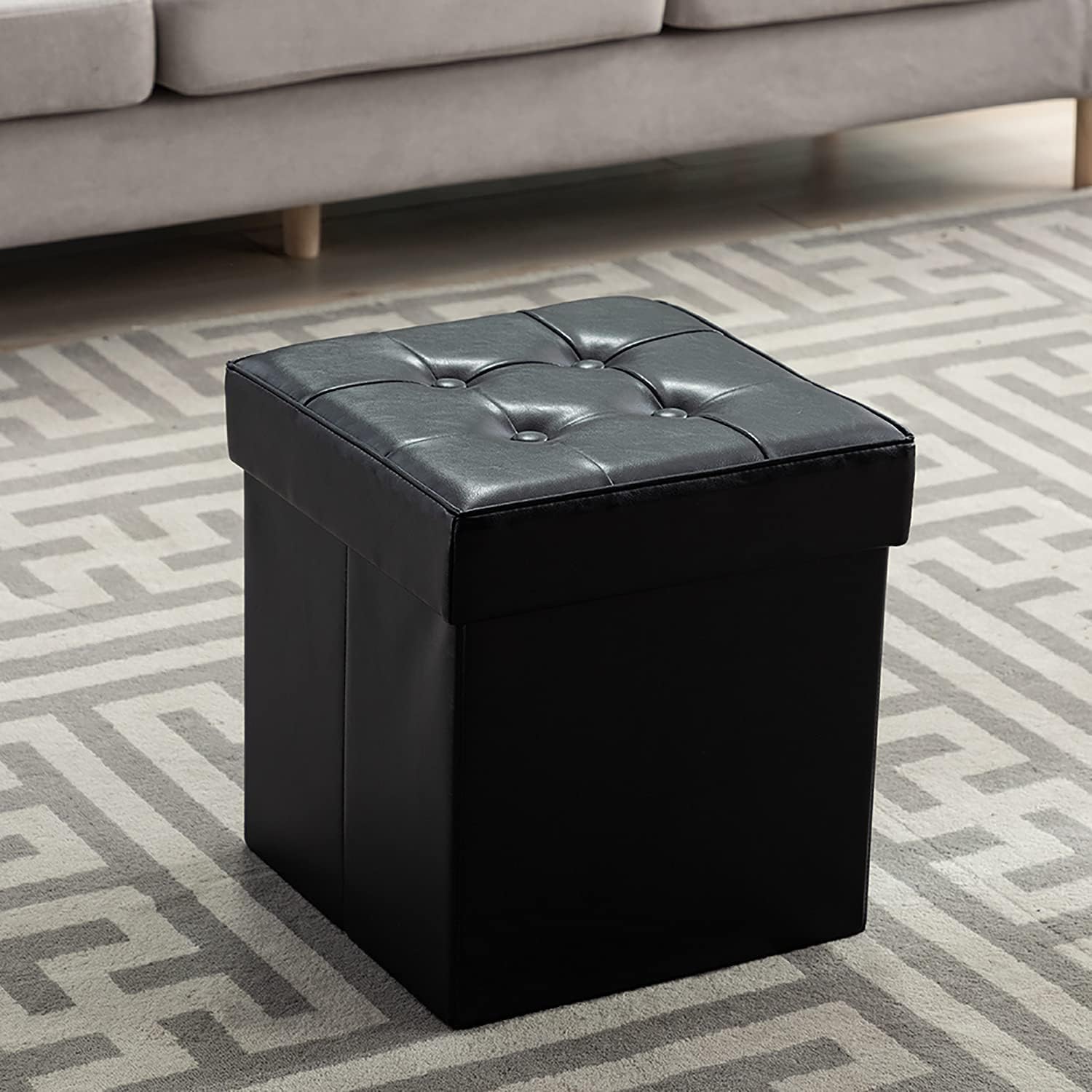 HNNHOME 38cm Cube Faux Leather Padded Seat Ottoman Storage Stool Box ...