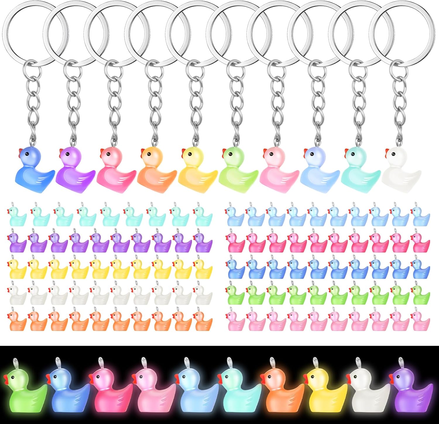 Lyksgir 100 Pcs Luminous Mini Duck Keychains, Glow in The Dark Duck ...
