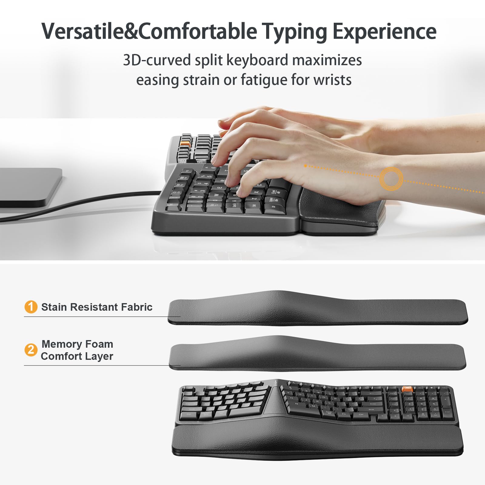 Backlit Wired Ergonomic Keyboard, USB Split Keyboard with Wrist Rest ...