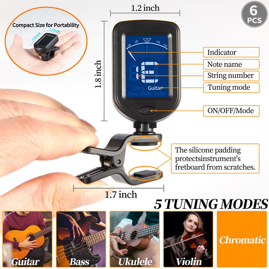 Snapklik.com : Guitar Tuner Clip On 6 Pack Chromatic Acoustic Guitar ...