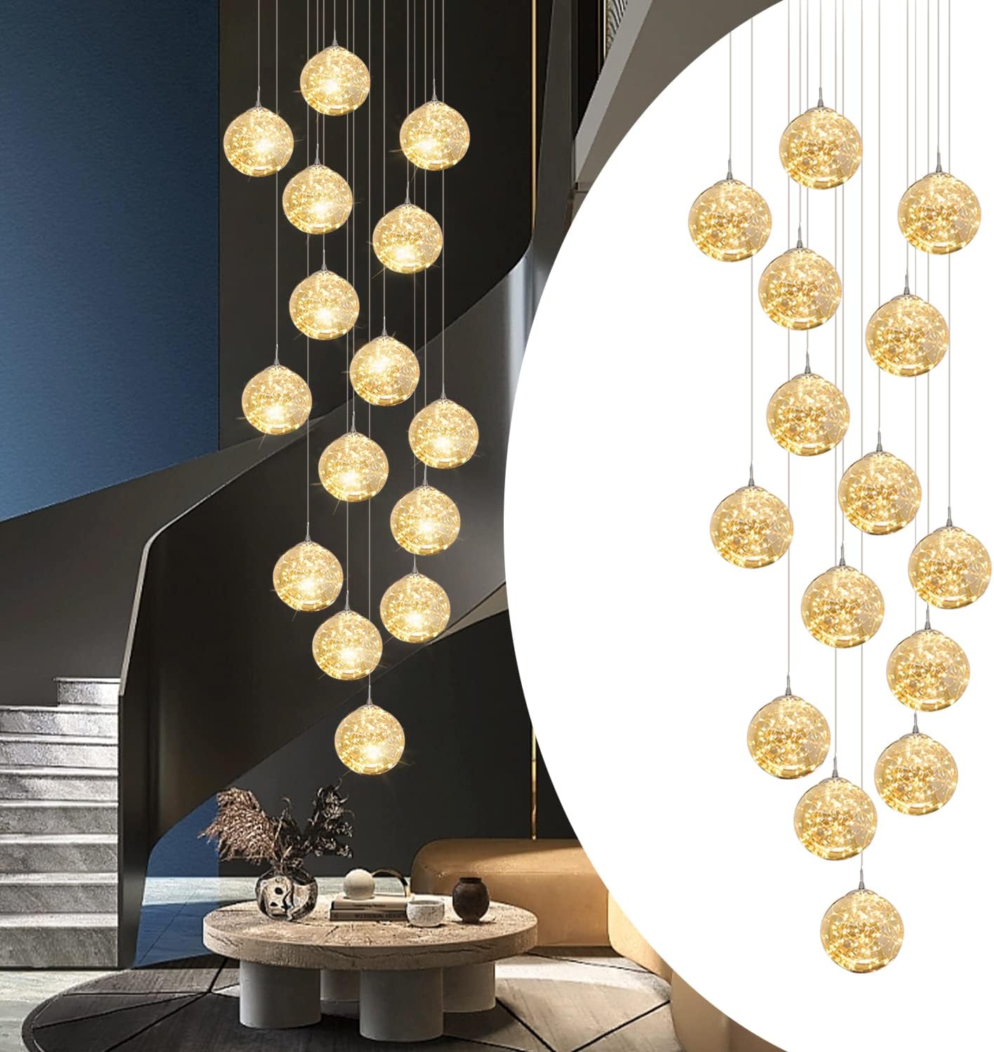 AvgnLxqe 15 Glass Ball Staircase Chandelier Globe Pendant Light LED ...