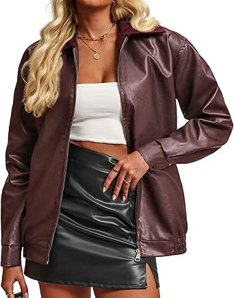 Casly Lamiit Leather Jacket Women Faux Bomber Casual Zip Up Fall Oversized Motorcycle Coat Motor ...
