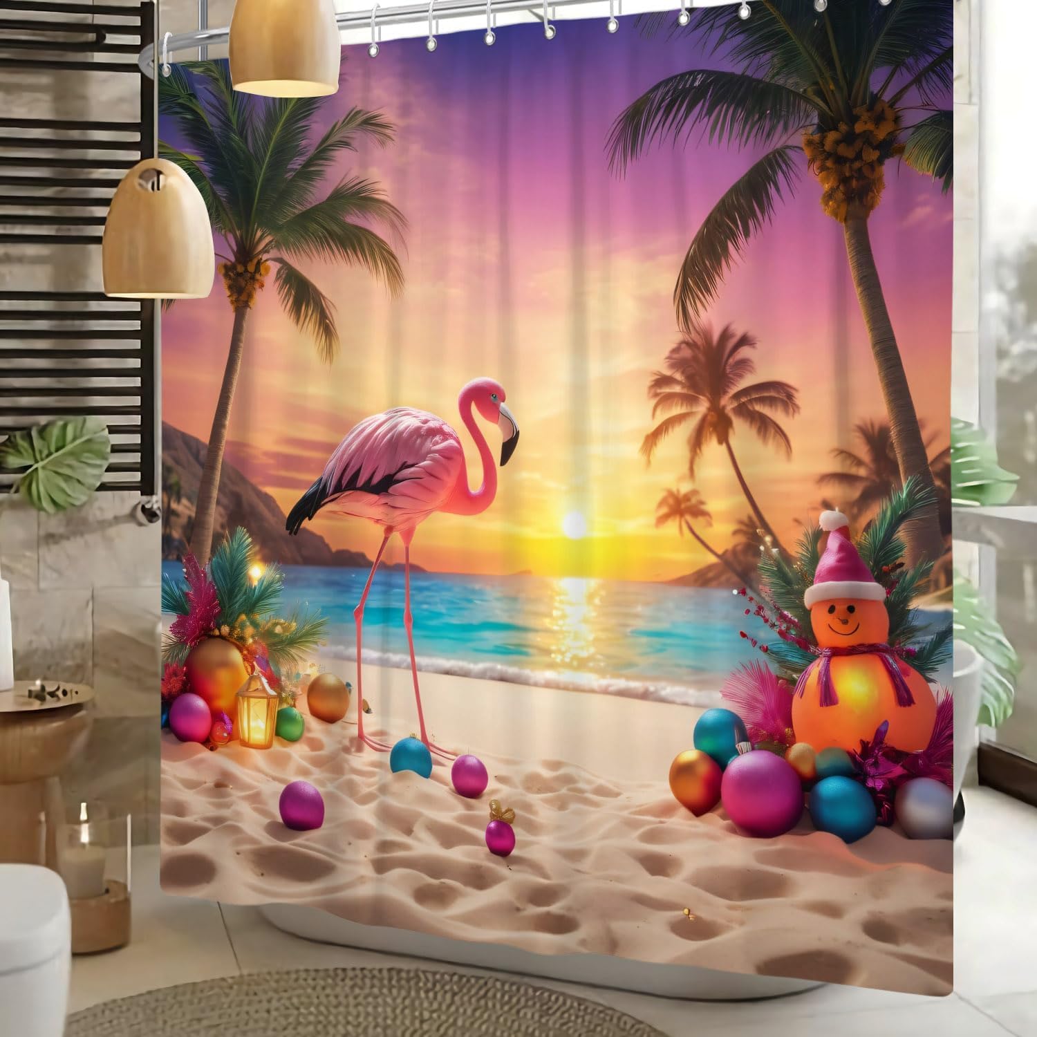 Amazon.com: Canessioa Christmas Shower Curtain Snowman Flamingo Palm ...